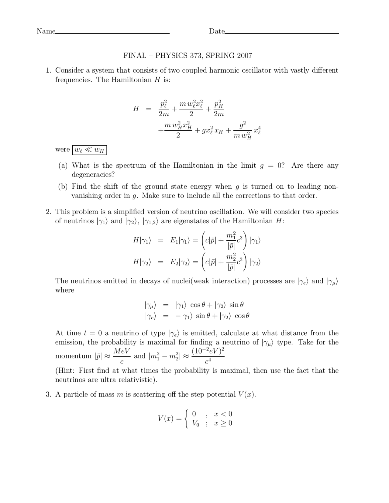 4 Questions On Quantum Physics I Final Exam PHY 373 Docsity 4 Questions On Quantum Physics I Final Exam PHY 373 Docsity