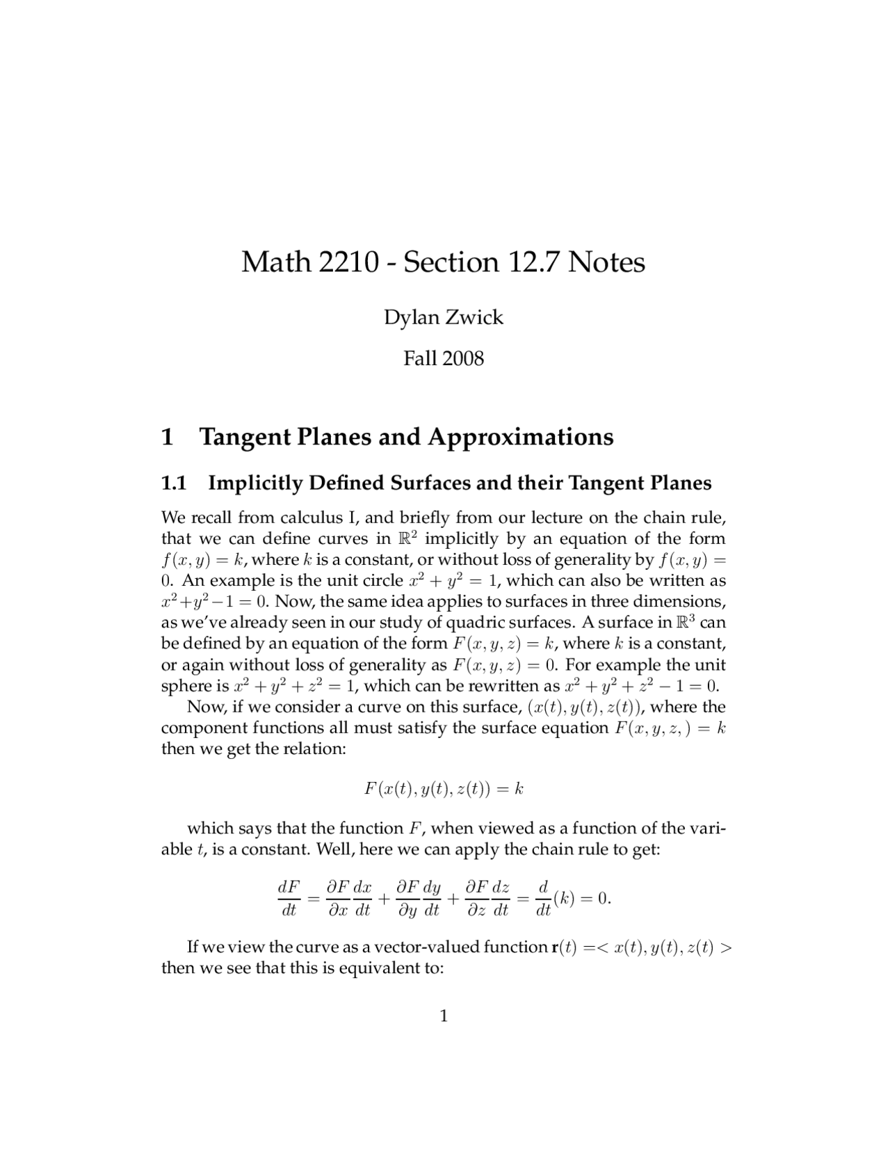 Notes On Tangent Planes And Approximations Math 2210 Docsity
