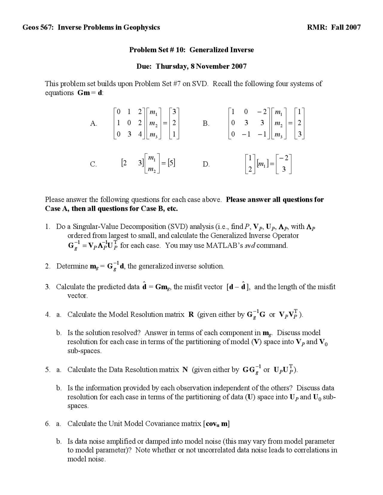 Problem Set 10 Generalized Inverse Geos 567 Docsity
