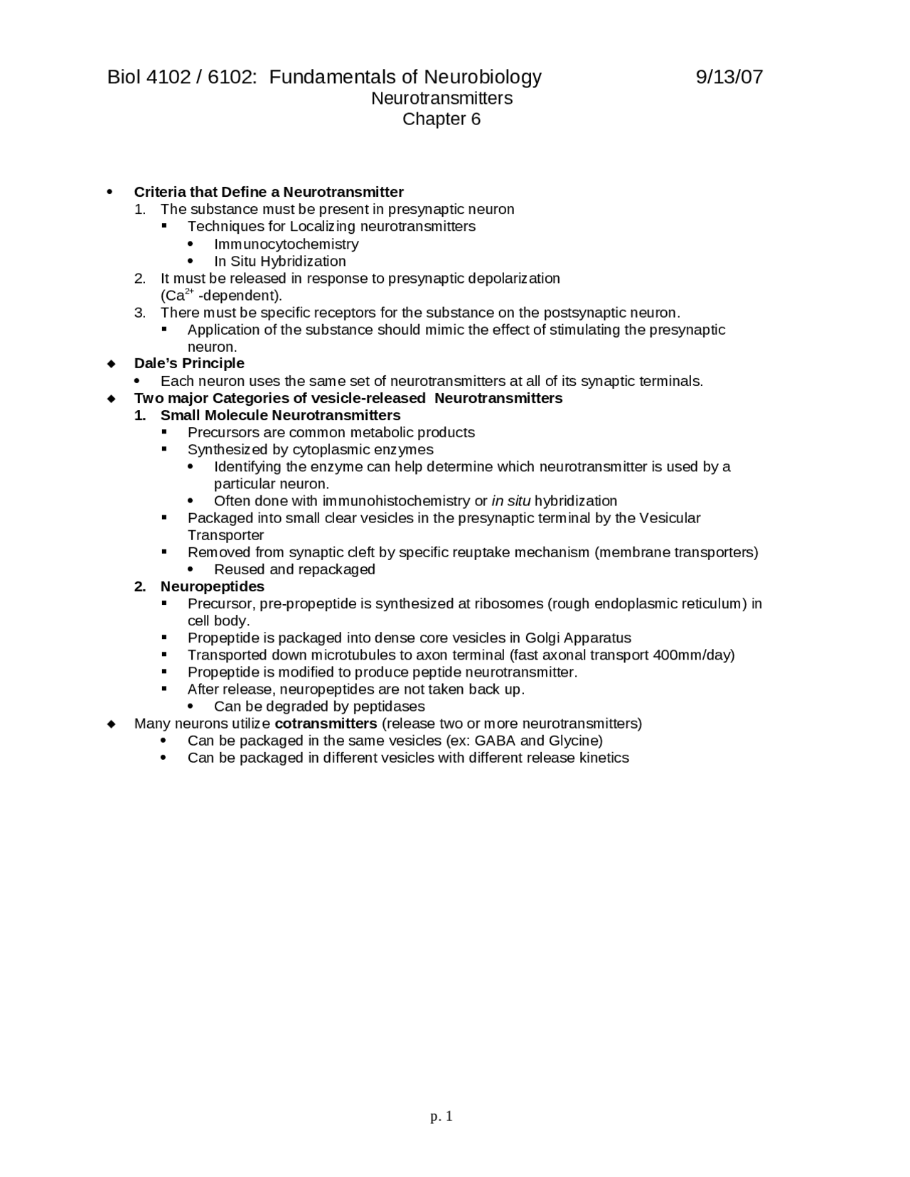 Notes On Neurotransmitters Neurobiology Biol 4102 Docsity