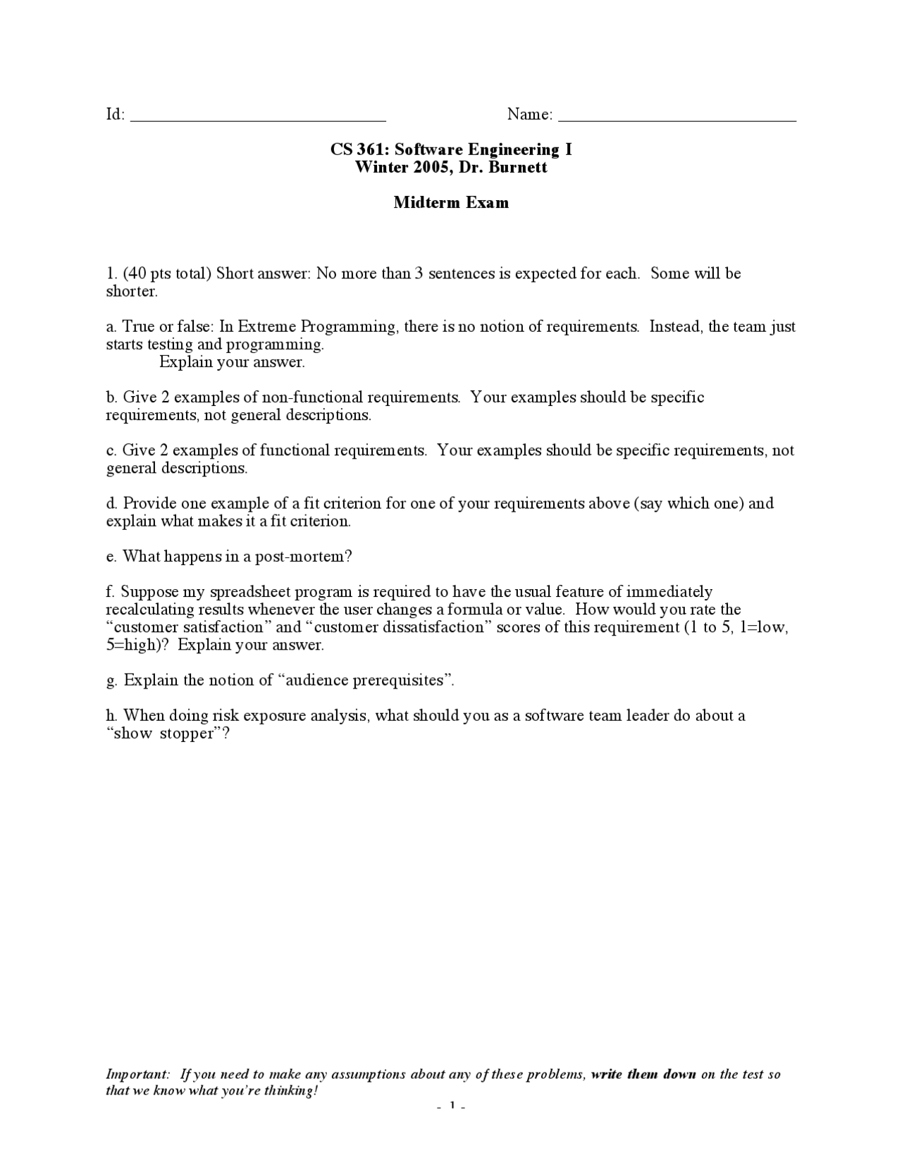 6 Questions For Midterm Exam Software Engineering Cs 361 Docsity