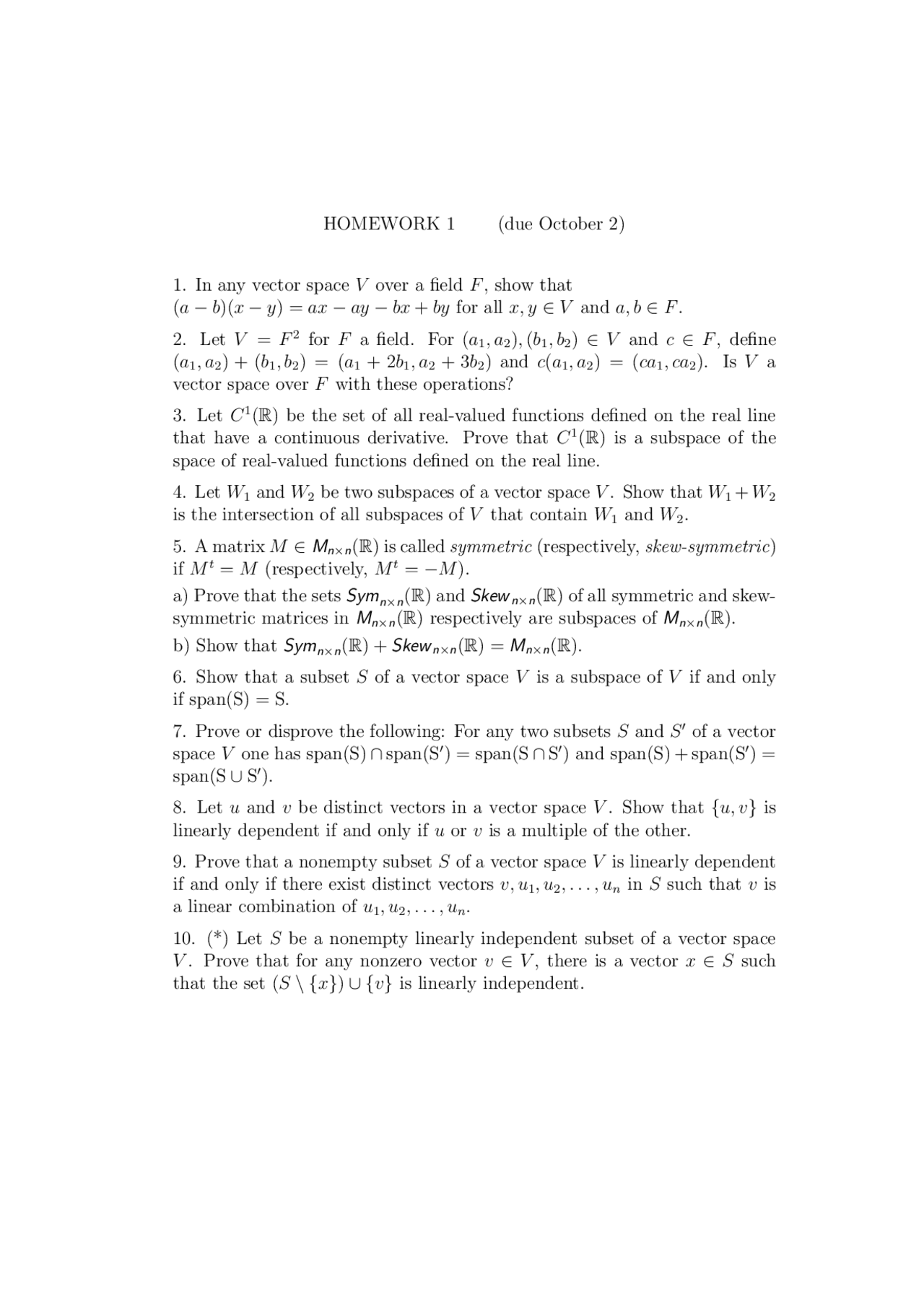 Homework 1 Question With Solutions Linear Algebra Math 115ah Docsity