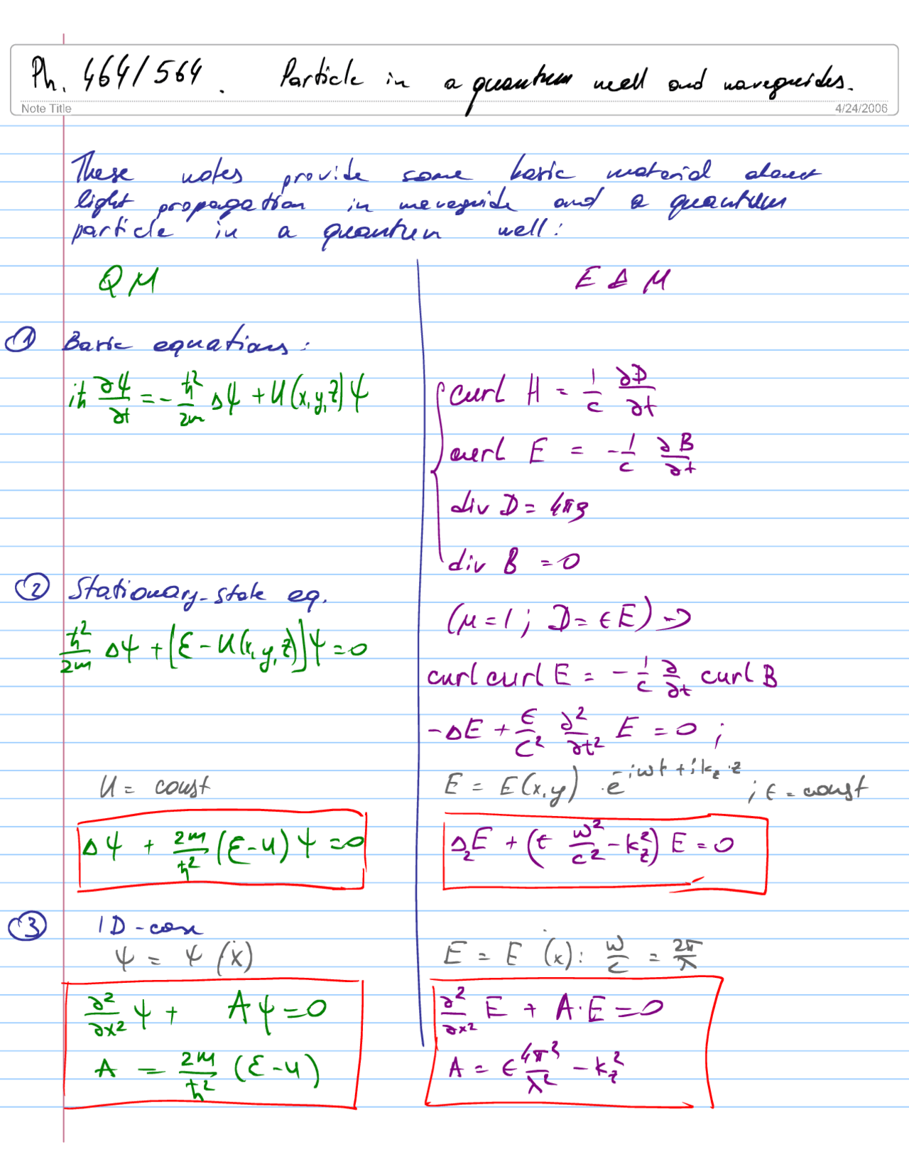 Handwritten Notes On Particle In A Quantum Well And Waveguides Ph 464