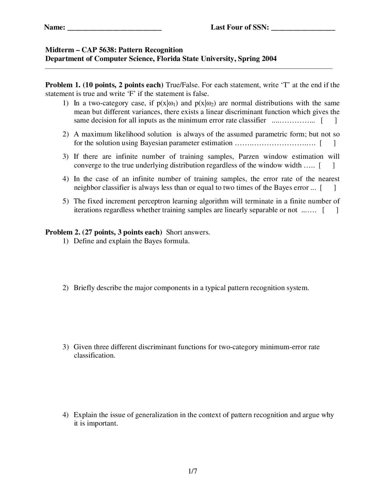 7 Problems For Midterm Exam Pattern Recognition Cap 5638 Docsity
