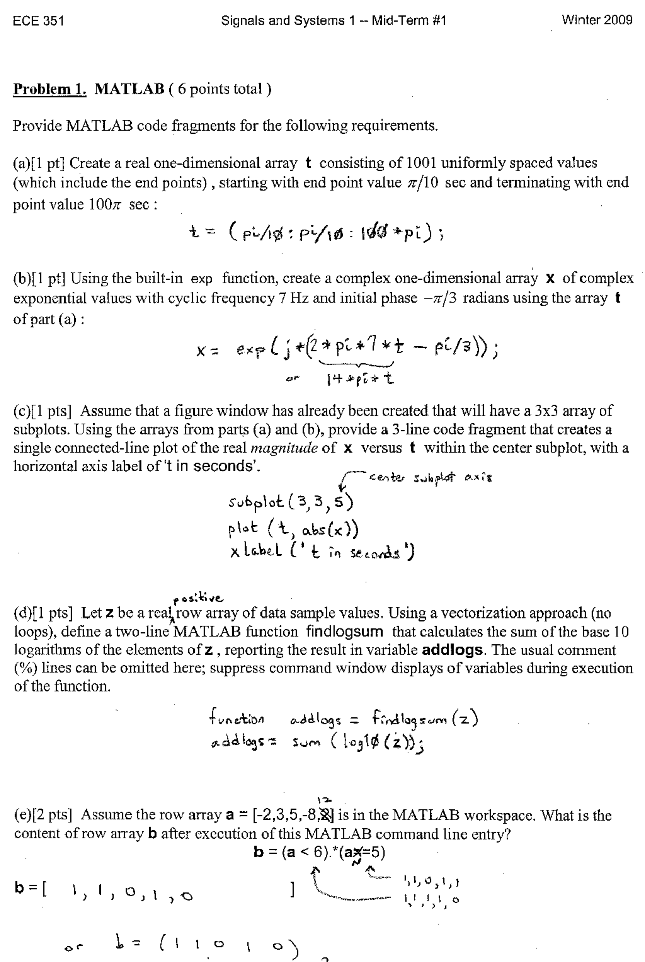 Midterm Exam 1 Signals And Systems I Ece 351 Docsity