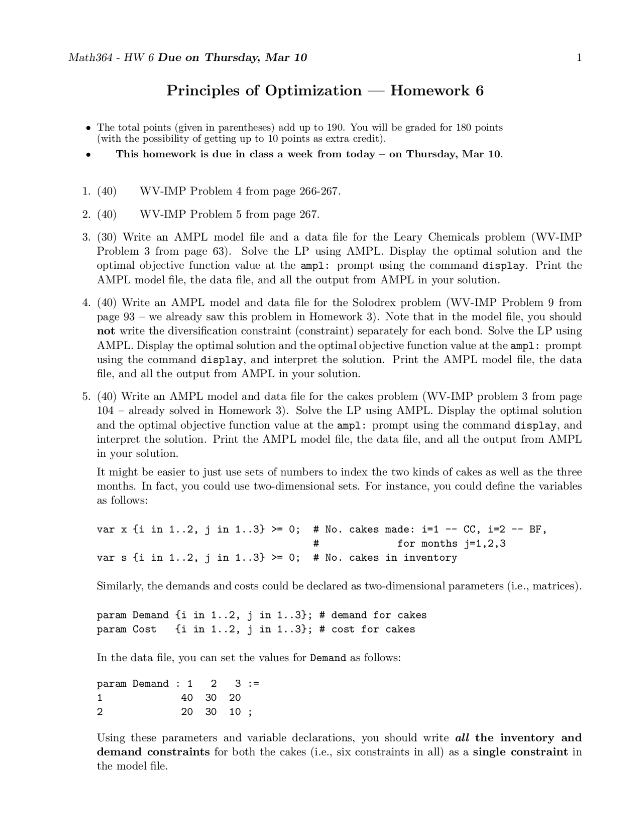Questions On Homework 4 Principles Of Optimization Math 364 Docsity