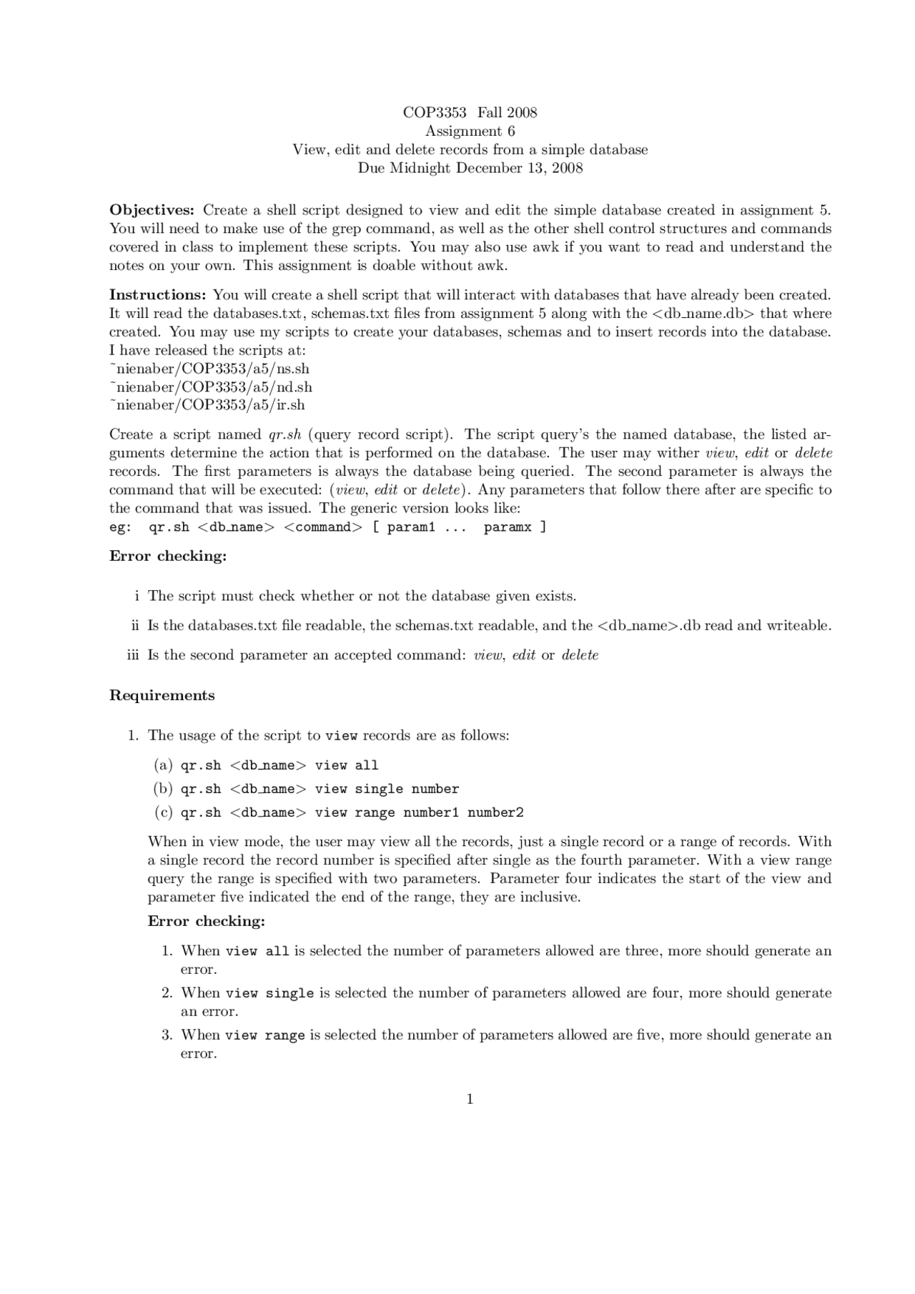 Assignment 6 For Introduction To Unix Cop 3353 Docsity