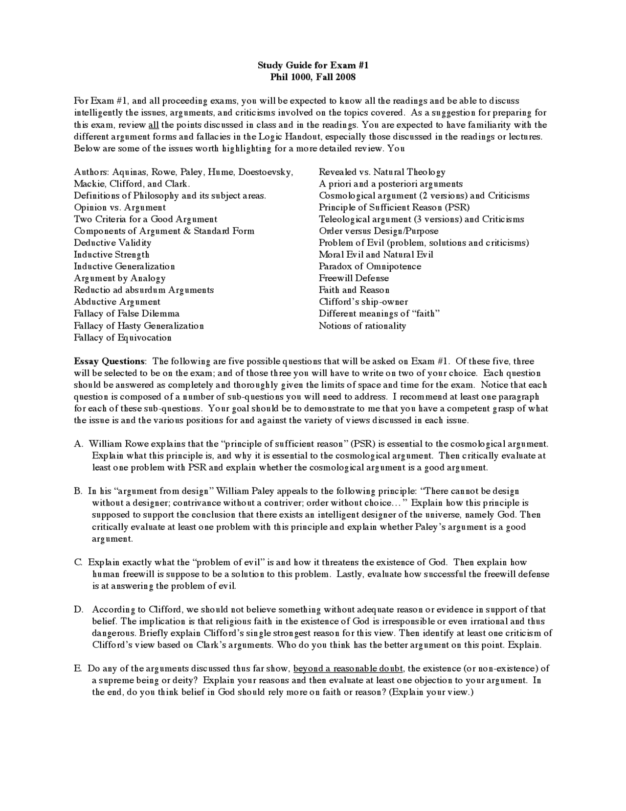 Study Guide for Exam #1 - introduction survey of philosophy | PHIL 100 | Exams Introduction to ...