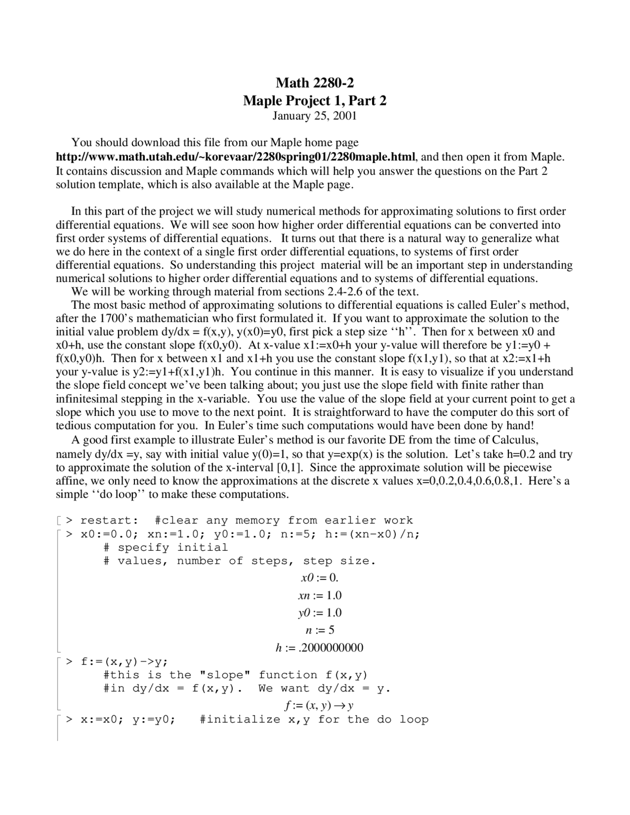Maple Project 1 Ordinary Differential Equations Math 2280 Docsity