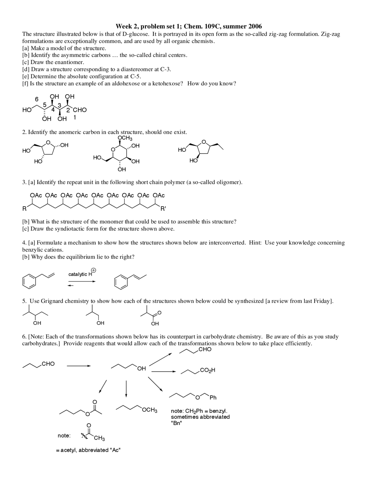 Problem Set 1 Organic Chemistry I Chem 109c Docsity