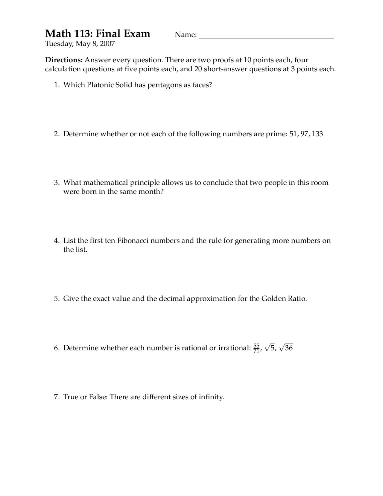 26 Questions In Mathematical Reasoning Final Exam Math 113 Docsity