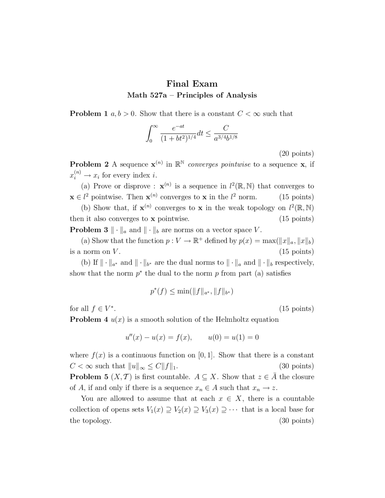 7 Problems Final Exam Principles Of Analysis Math 527a Docsity