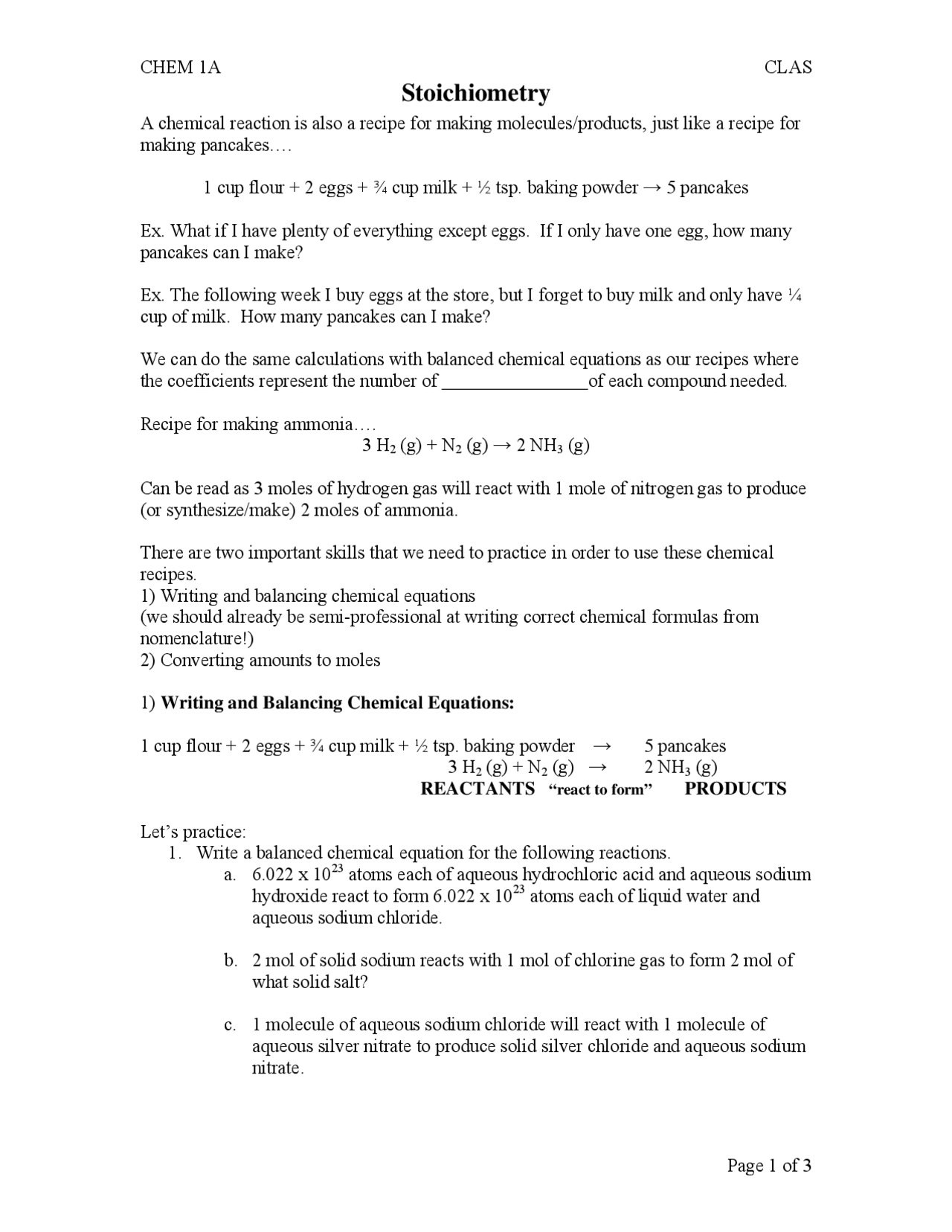 Notes On Stoichiometry General Chemistry Chem 1a Docsity