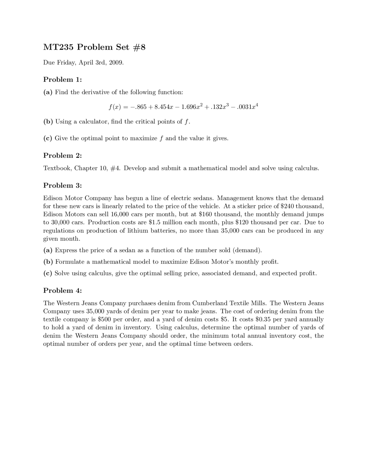 Mathematics For Management Science Problem Set 8 Mt 235 Docsity