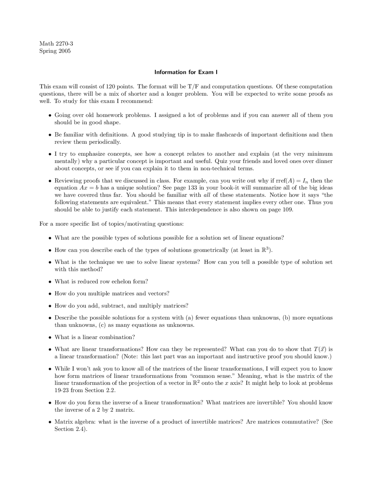 Information For Examination 1 Linear Algebra Math 2270 Docsity