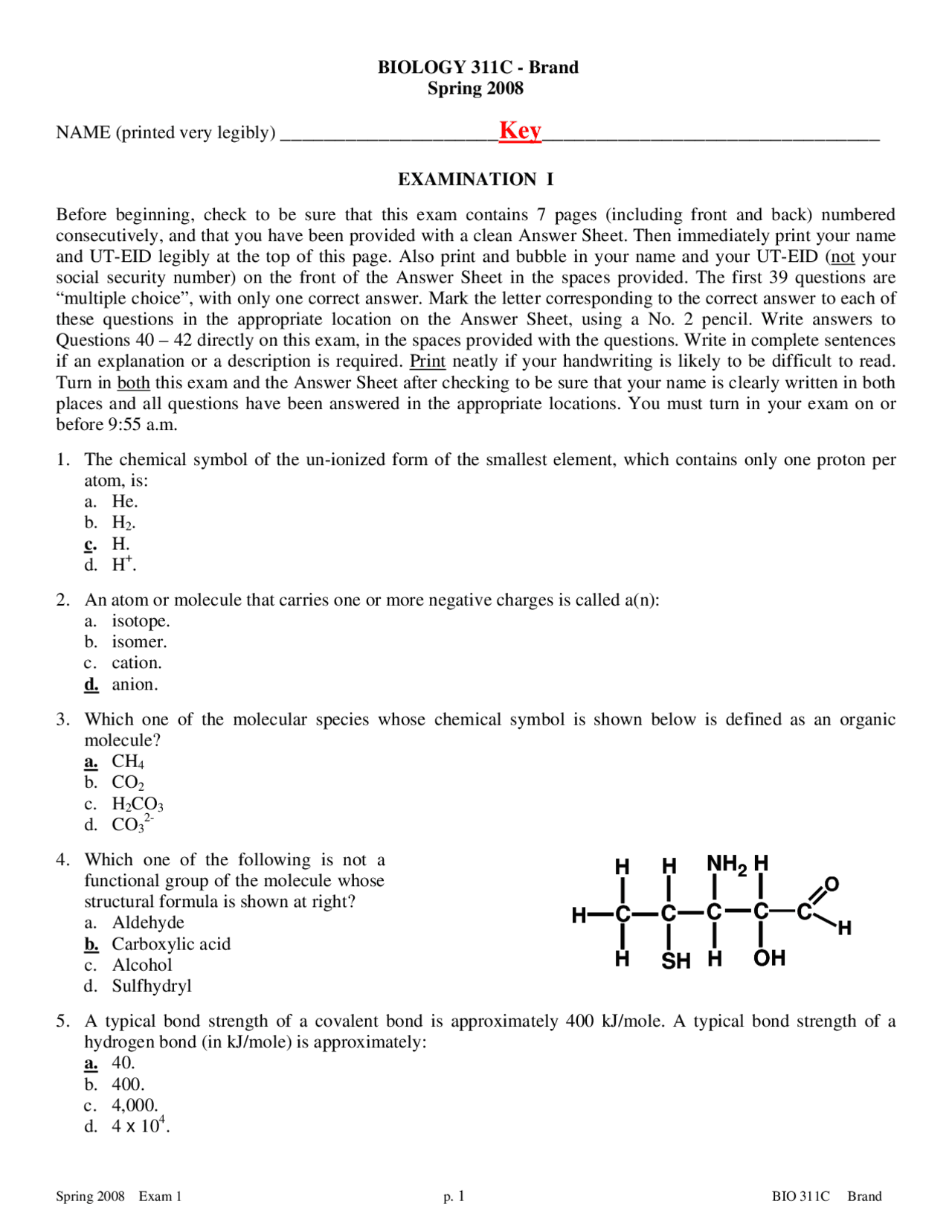 Answer Key for Exam 1 - Introductory Biology I | BIO 311C - Docsity