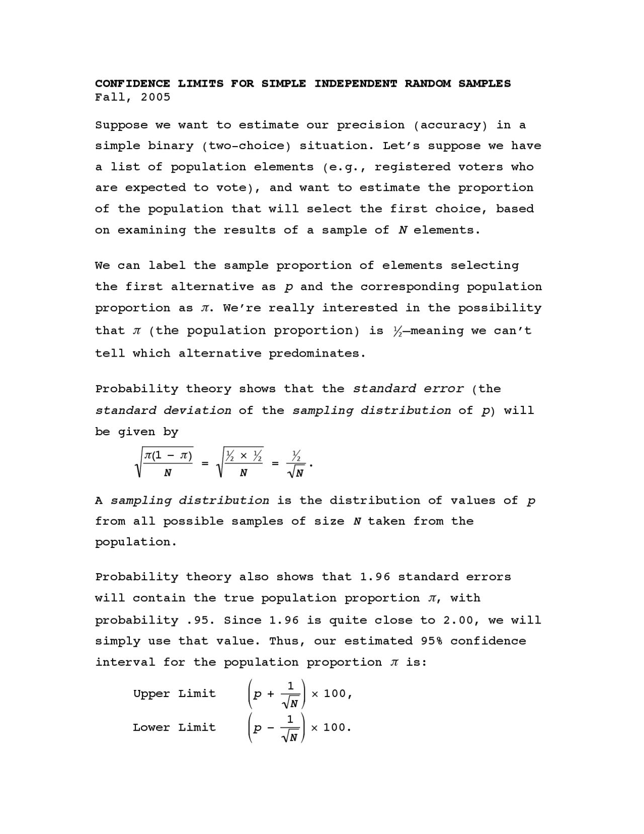 Notes On Confidence Limits For Simple Independent Random Samples Soc