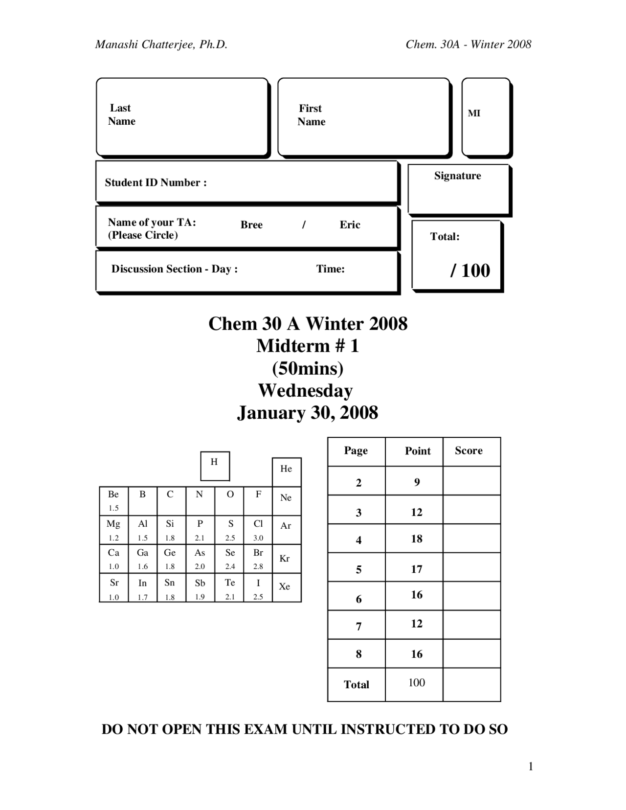 Midterm Exam 1 Organic Chemistry I Structure And Reactivity Chem