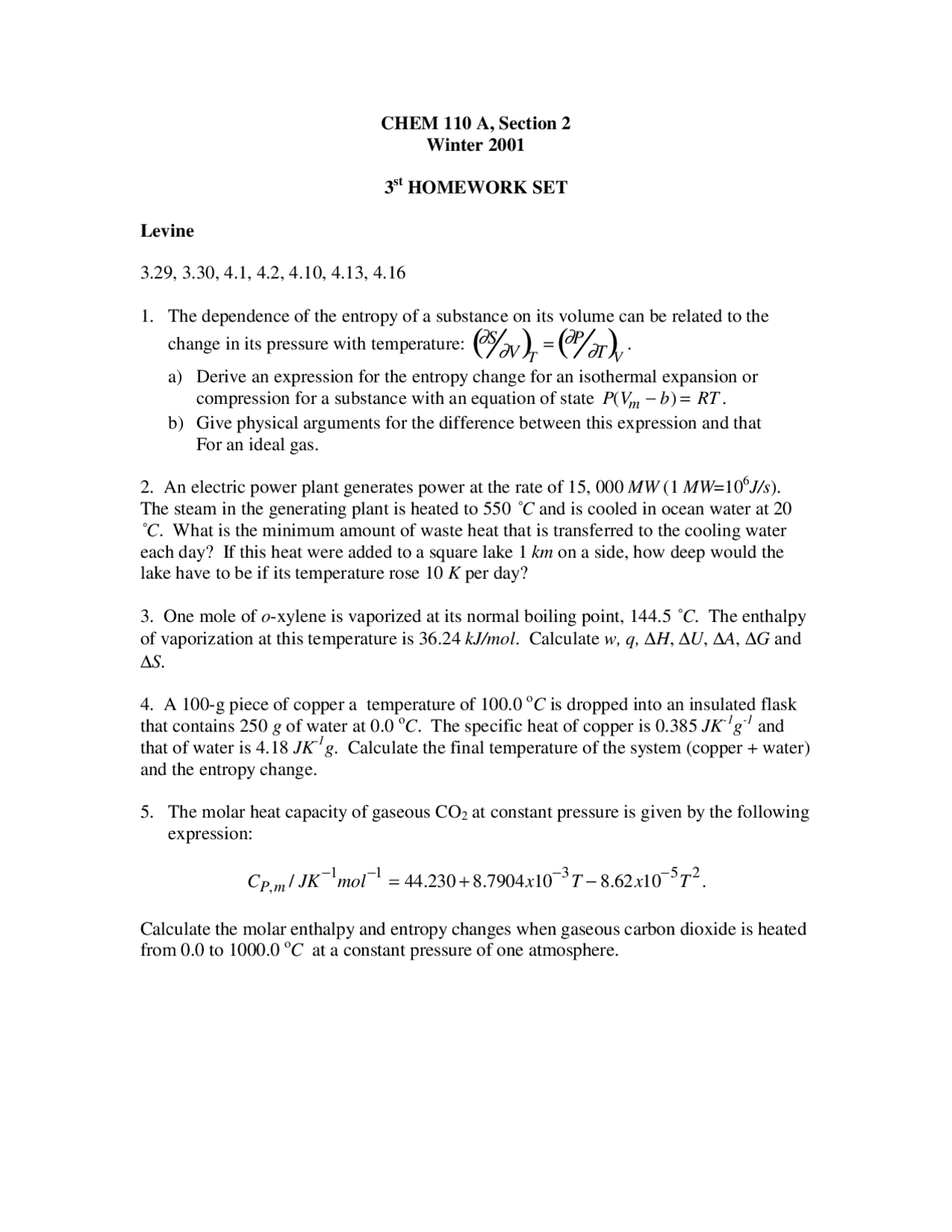 Physical Chemistry: Chemical Thermodynamics - Homework Set 3 | CHEM ...