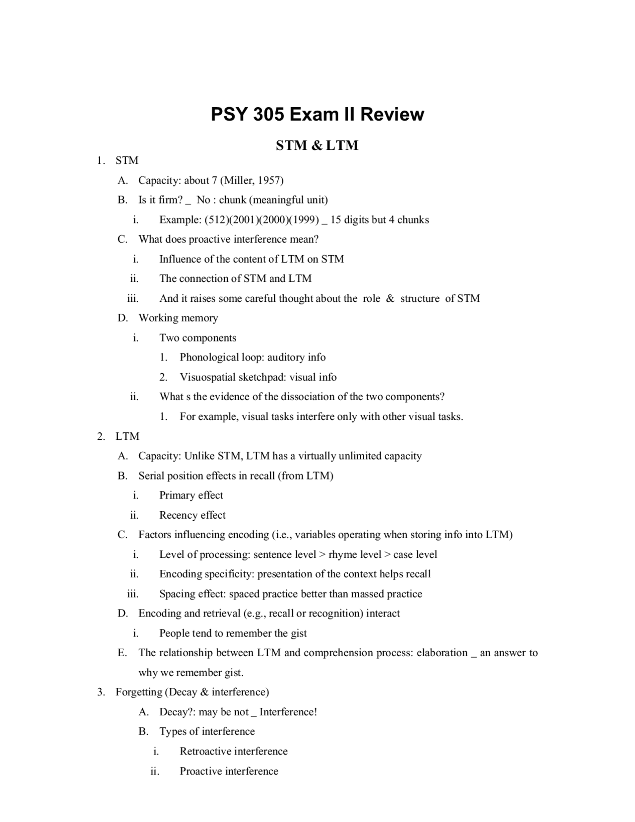 Exam 2 Review Introduction To Cognitive Psychology Psy 305 Docsity