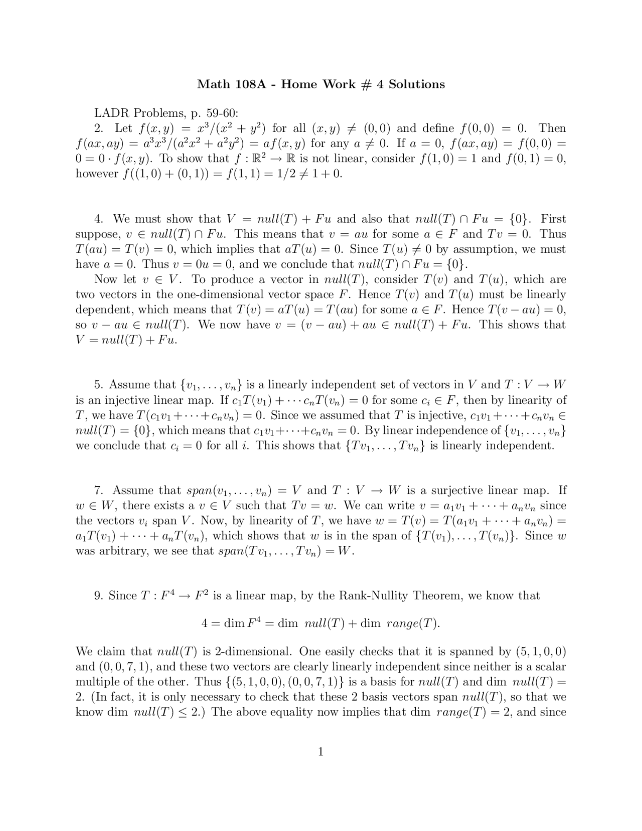 Solutions for Homework 4 | Introduction to Linear Algebra | MATH 108A - Docsity