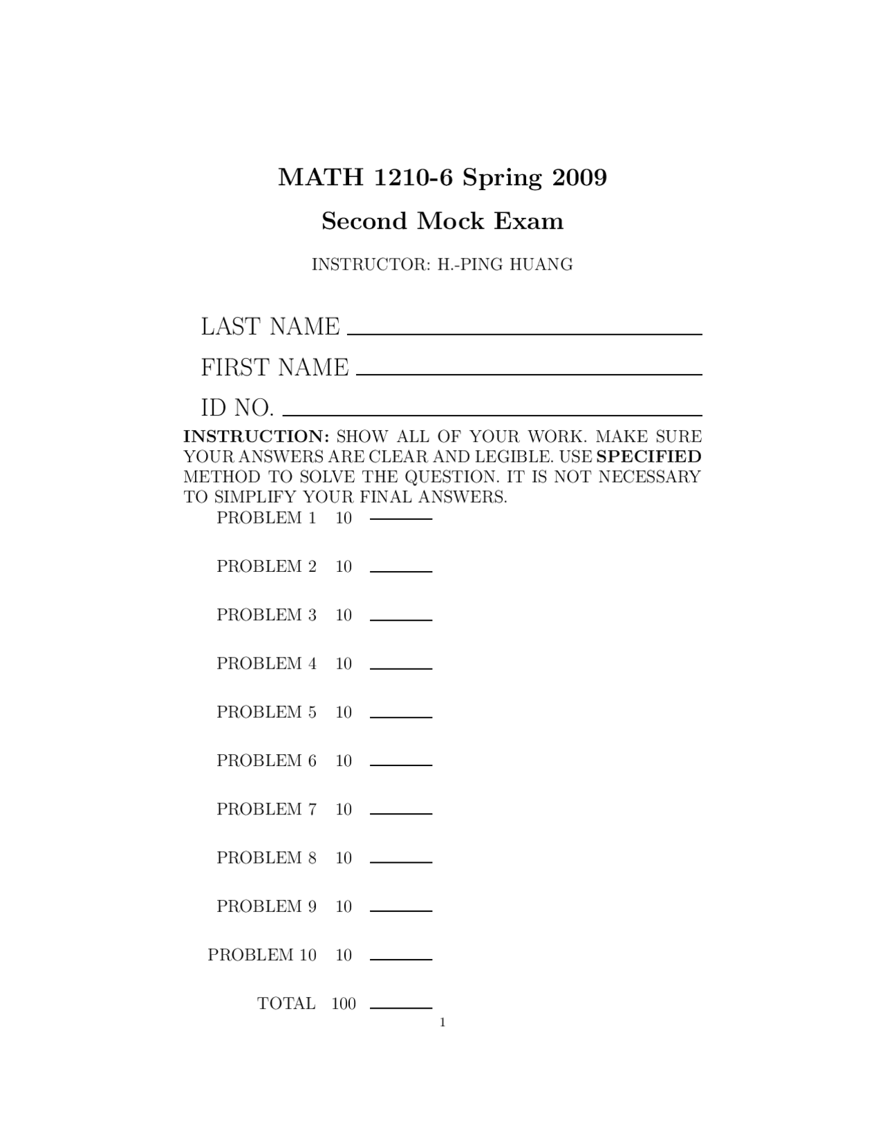 Second Mock Exam 10 Questions For Calculus I Math 1210 Docsity