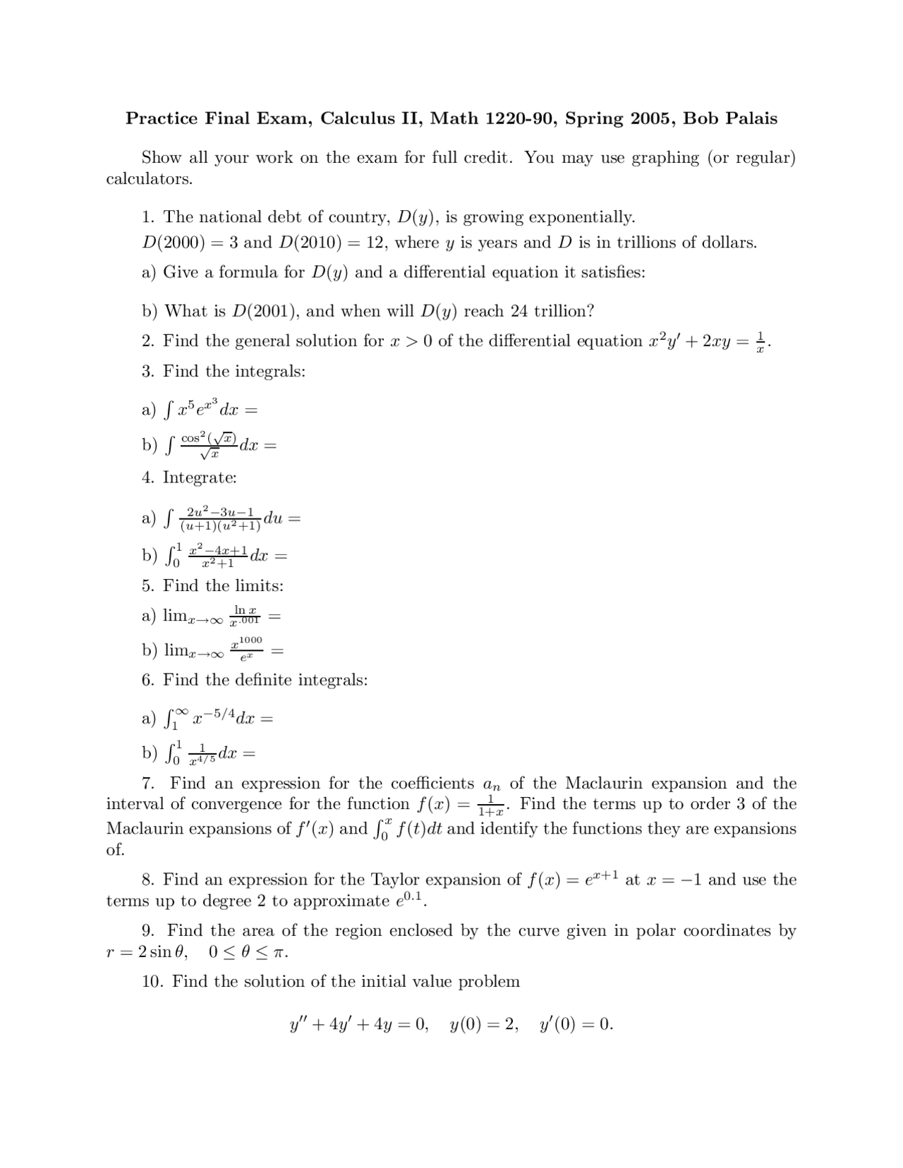 Practice Final Exam Questions for Calculus II | MATH 1220 - Docsity