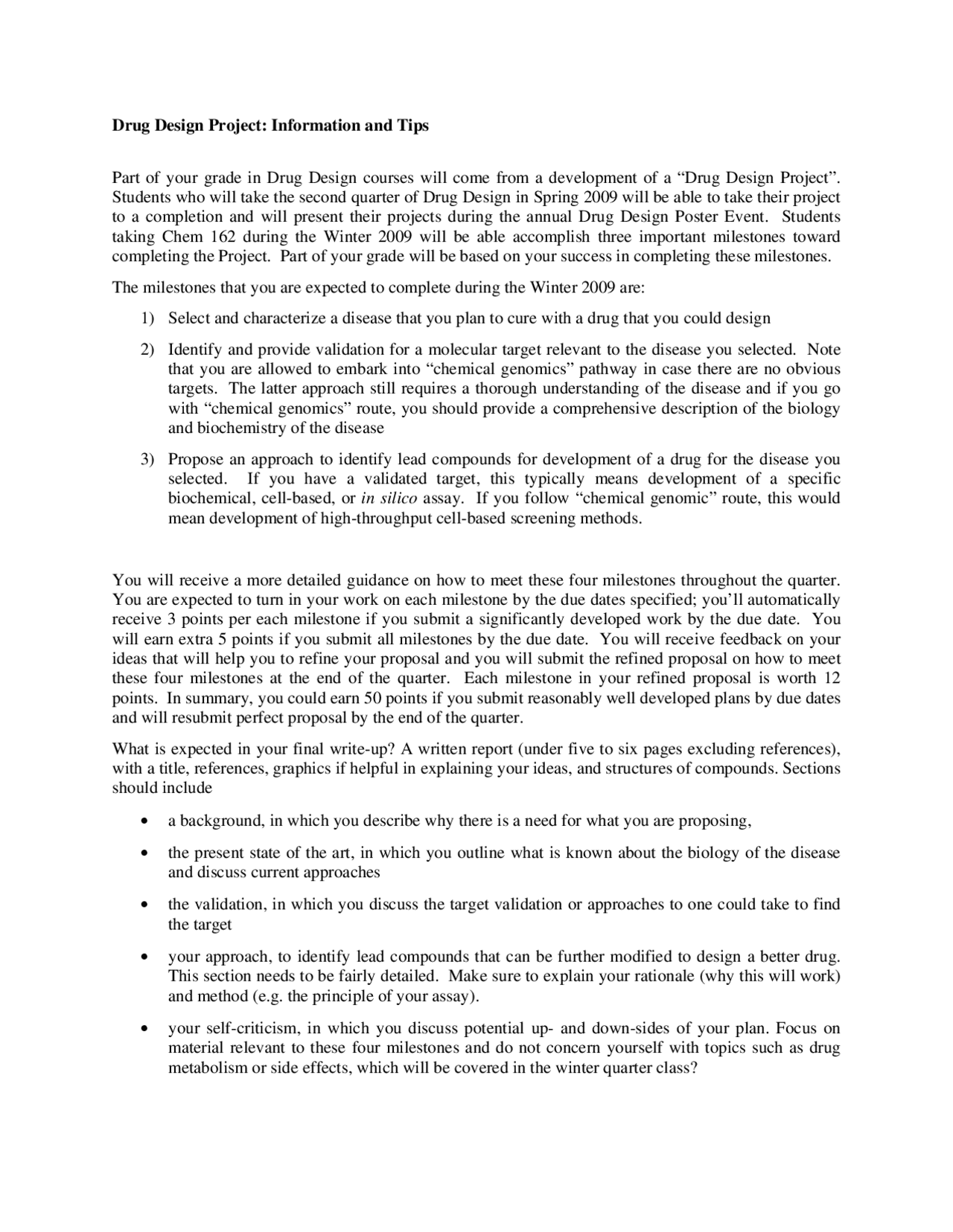Drug Design Project Information And Tips Chem 162a Docsity