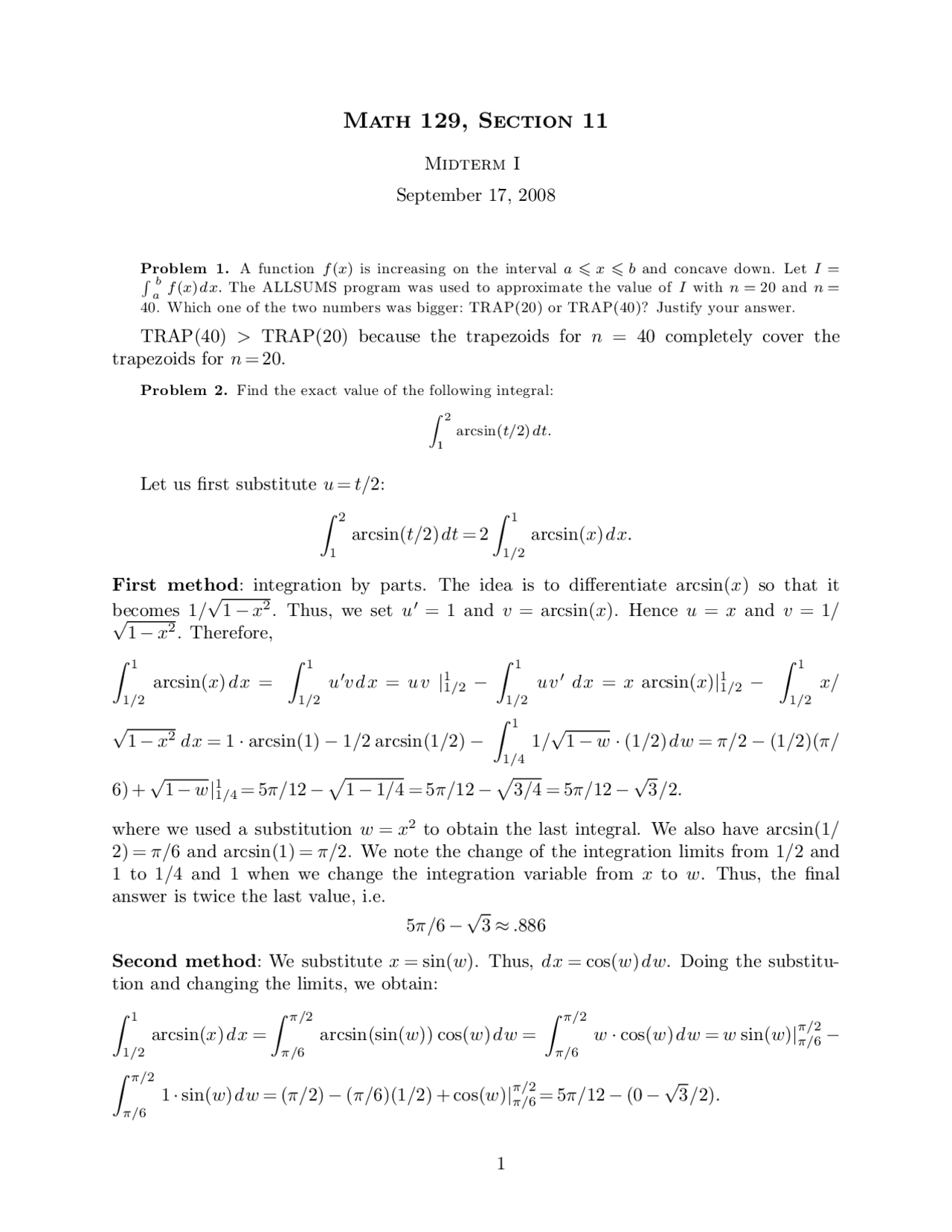 Midterm Exam 1 Questions - Calculus II - Fall 2008 | MATH 129 - Docsity