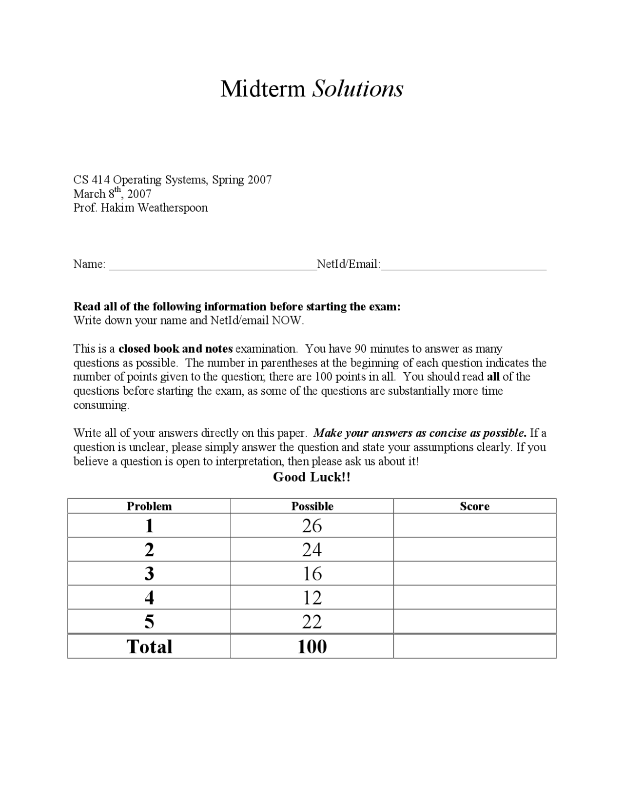 Midterm Exam With Solution Operating Systems Cs 4410 Exams