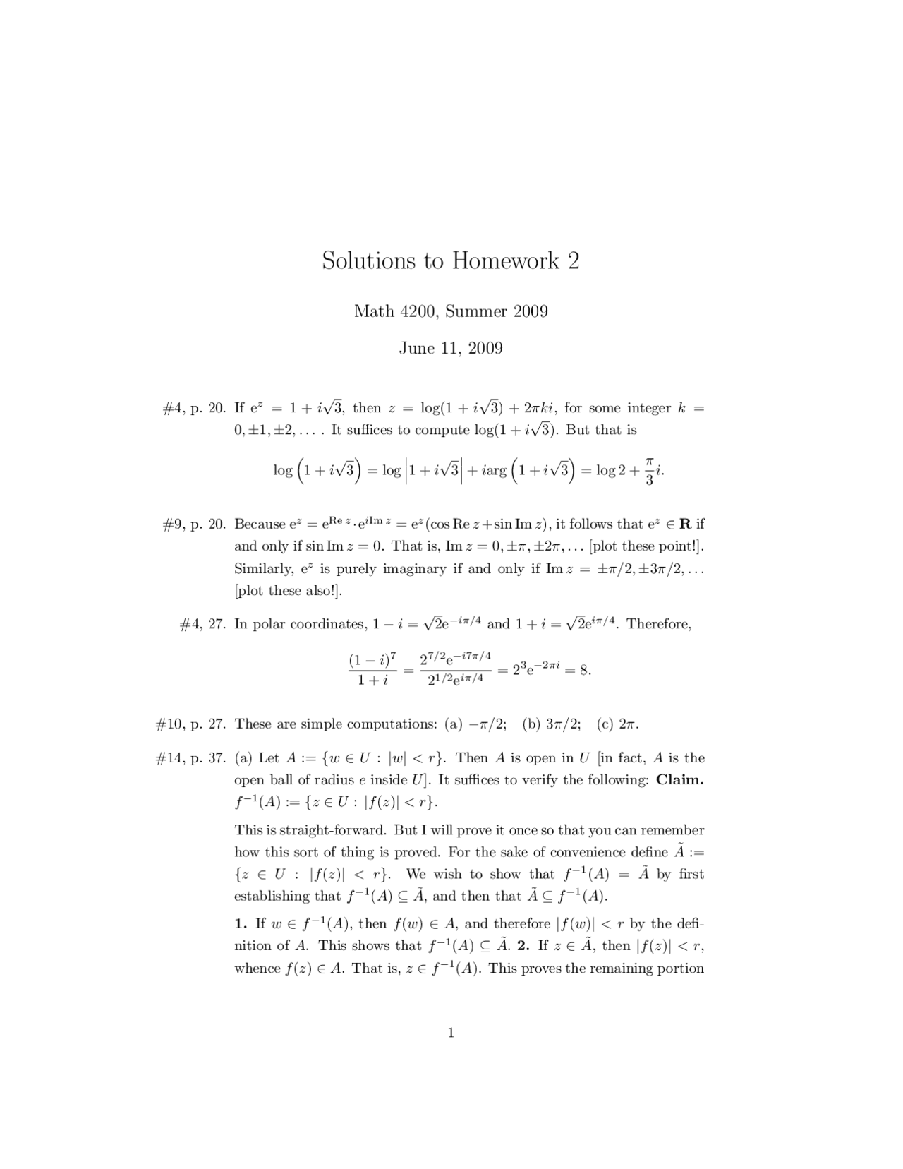 Solutions to Homework 2 for Math 4200, Summer 2009 | Assignments ...