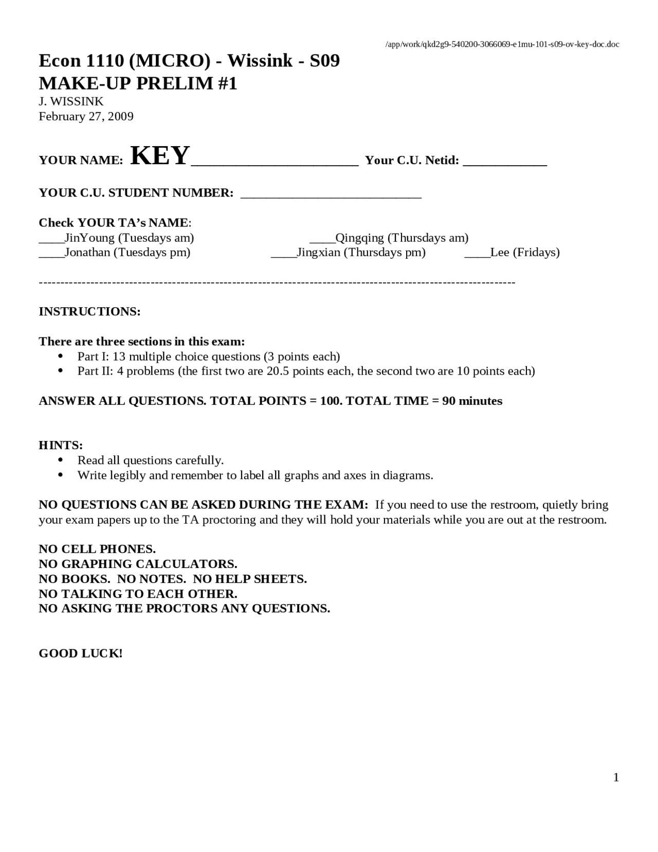 Exam 1 With Answer Key Introductory Microeconomics Econ 1110