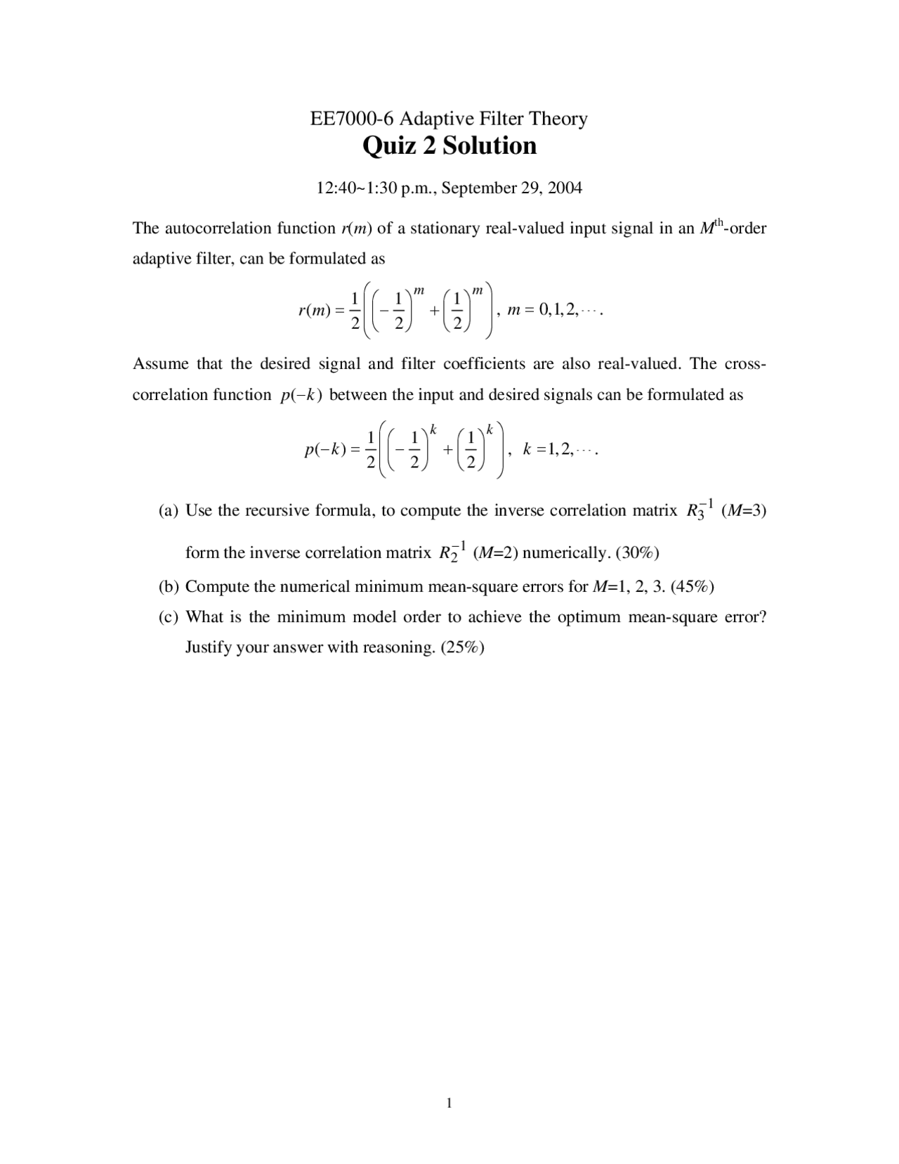 Quiz 2 With Solutions Adaptive Filter Theory Ee 7000 Docsity