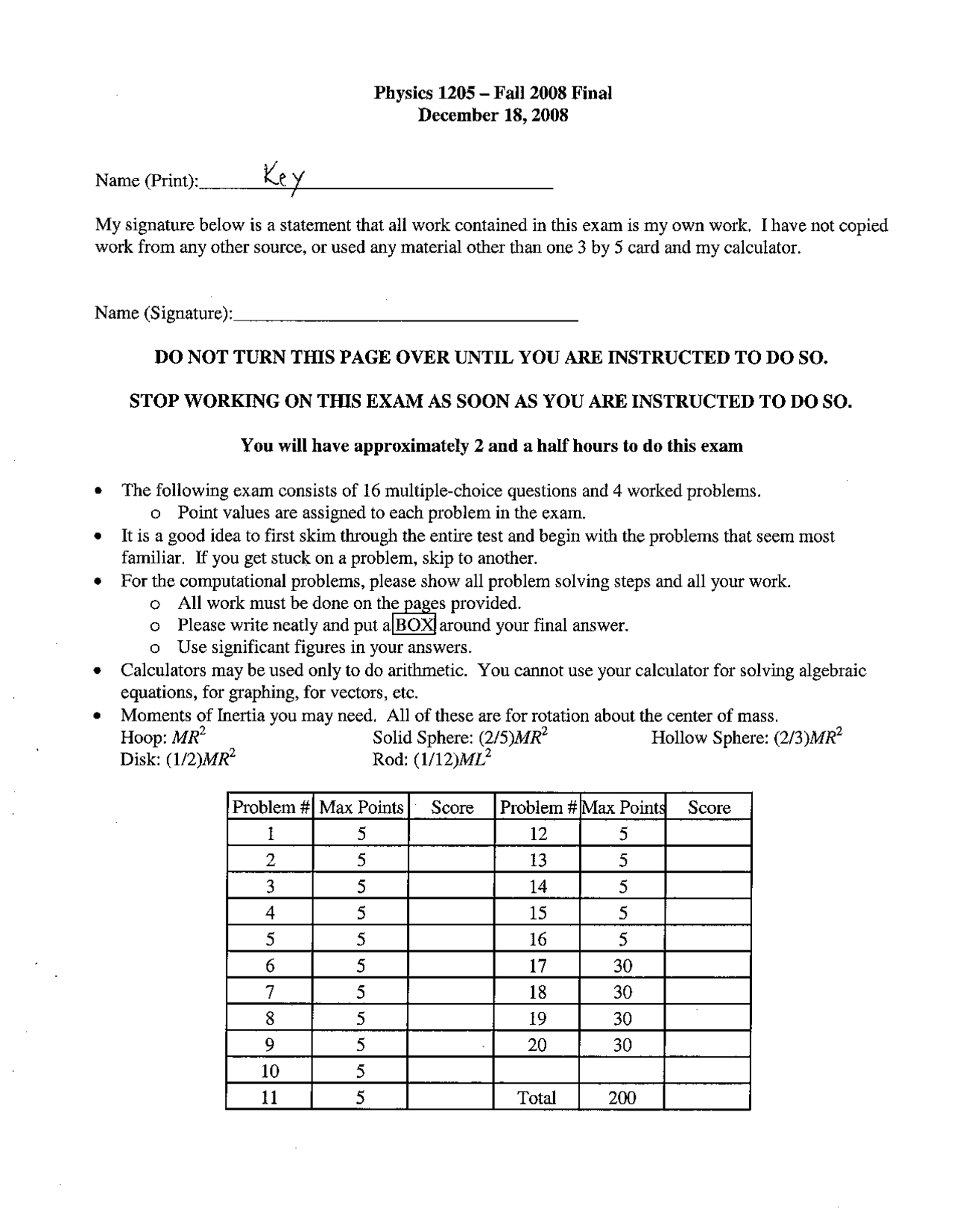 Solved Final Exam Introduction To Physics I Phys 1205 Docsity