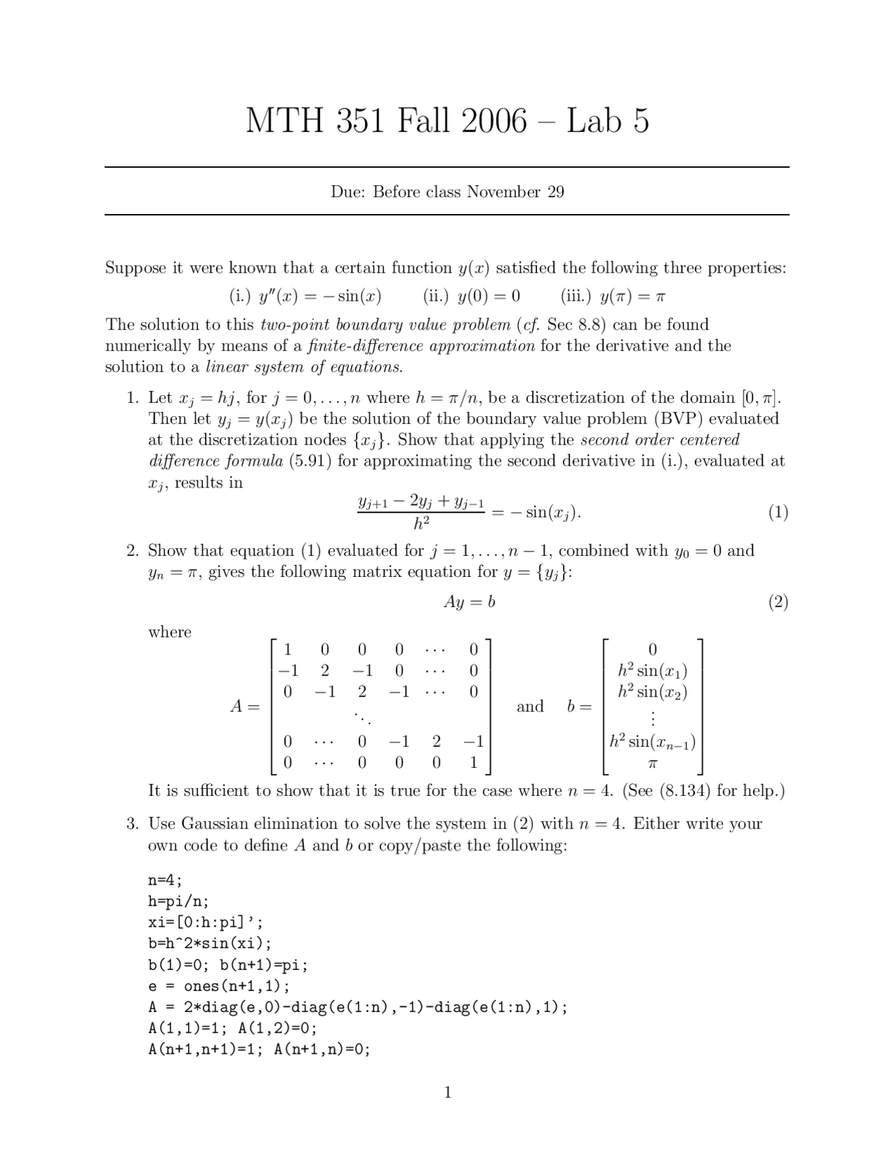 Introduction To Numerical Analysis Lab 5 Fall 2006 Mth 351 Docsity