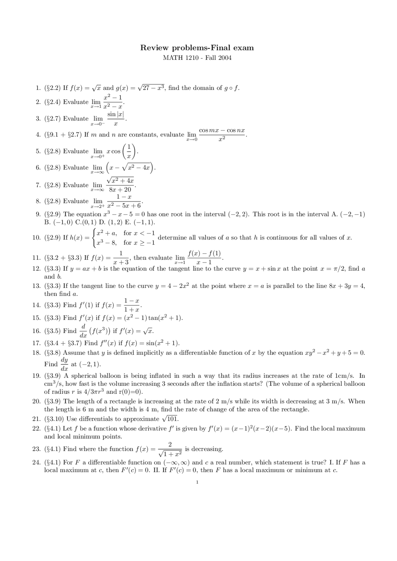 Review Problems for Final Examination - Calculus I | MATH 1210 - Docsity