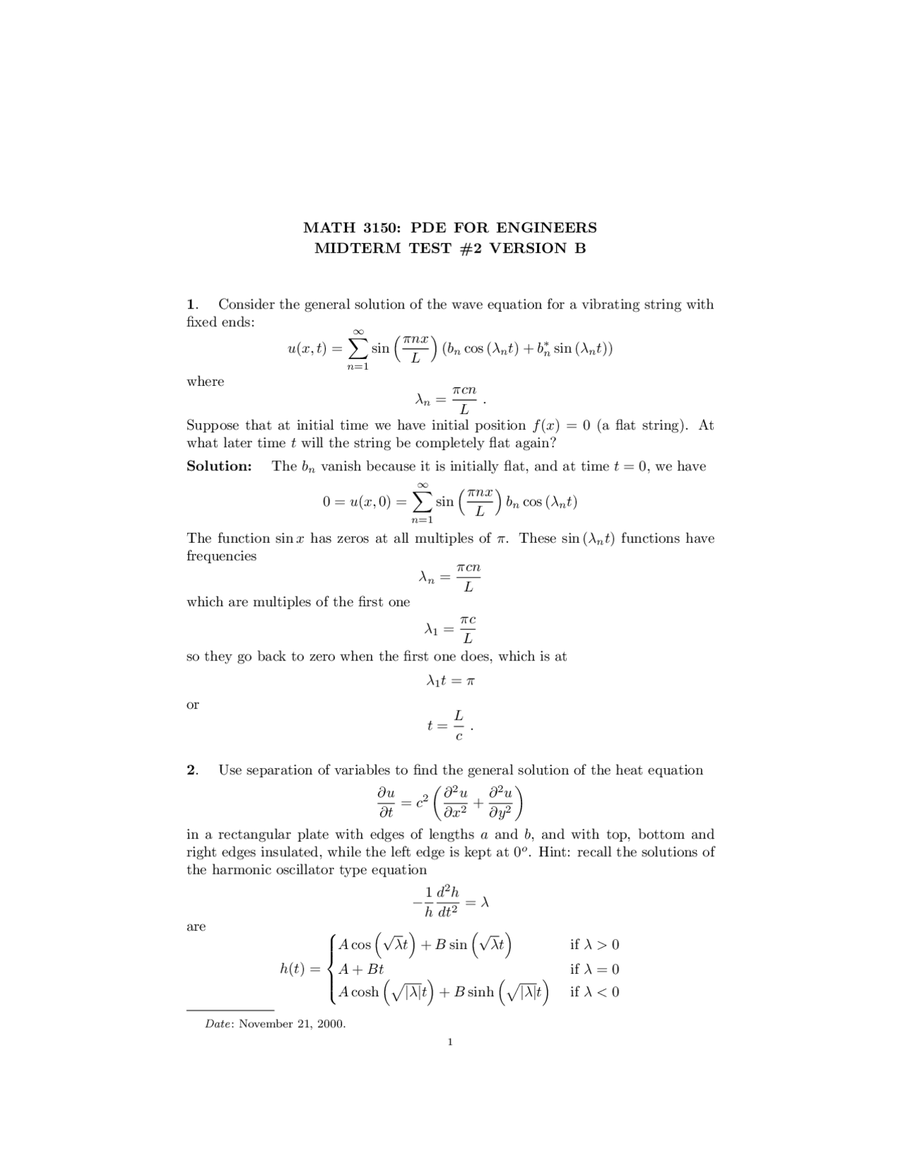 Solutions To Midterm Version B Partial Differential Equations For