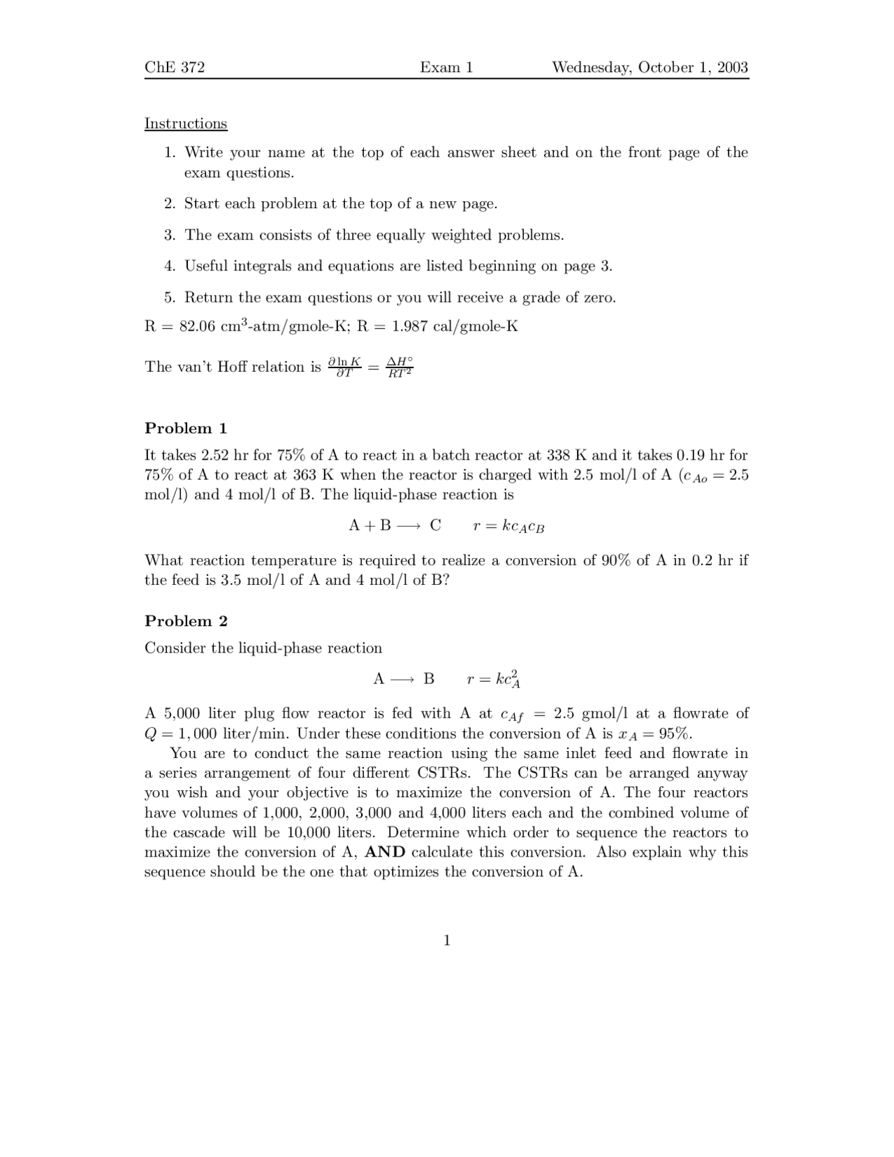 3 Problems On Chemical Reactor Analysis And Design Exam Che 372
