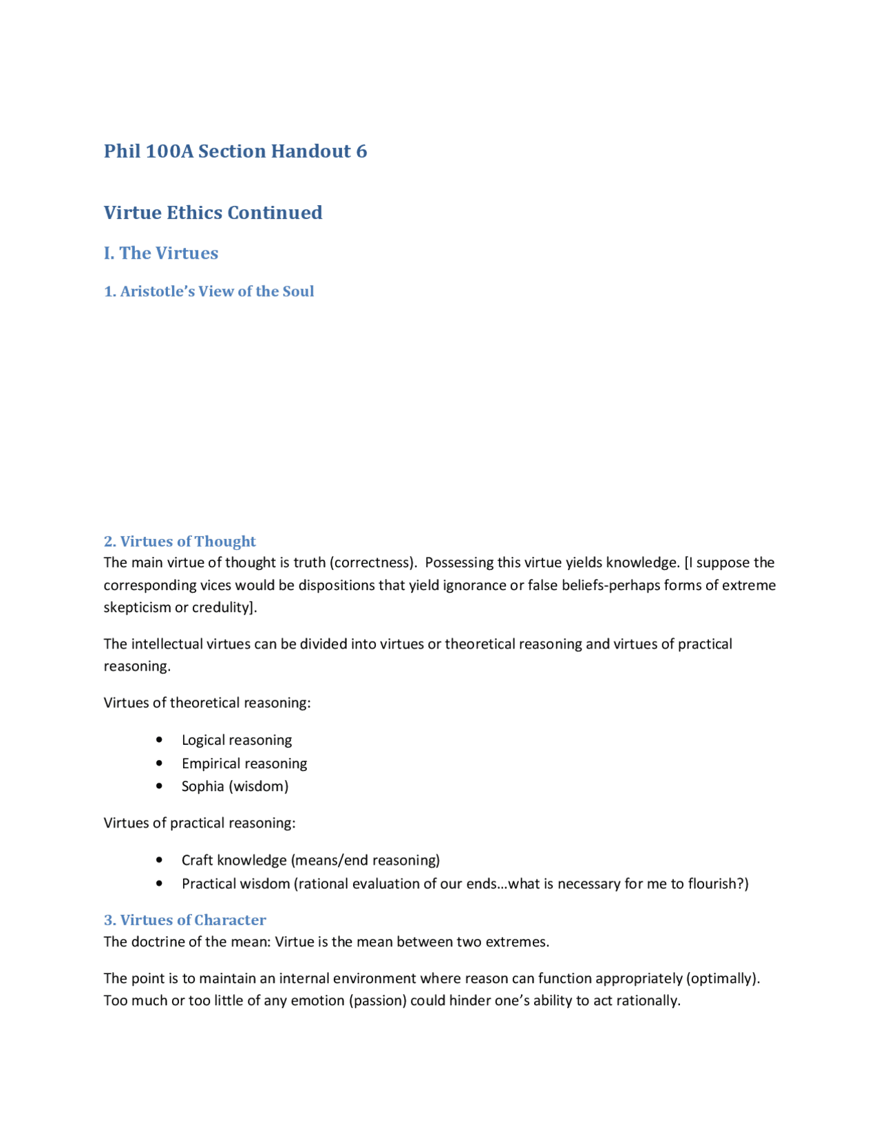 Handout 6 Virtue Ethics Aristotle View Of The Soul Phil 100a Docsity