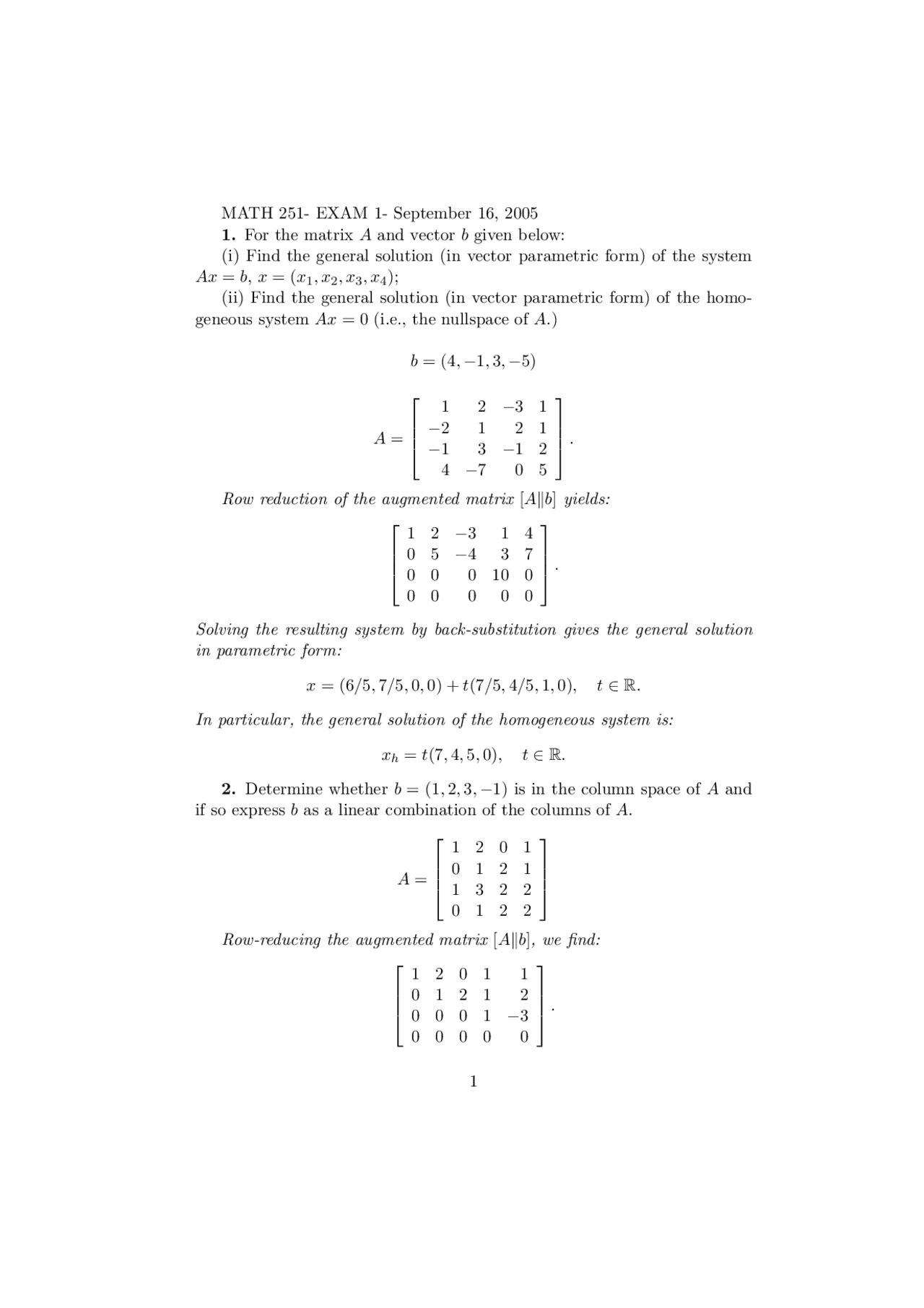 Exam 1 With Solution For Matrix Algebra I Math 251 Docsity