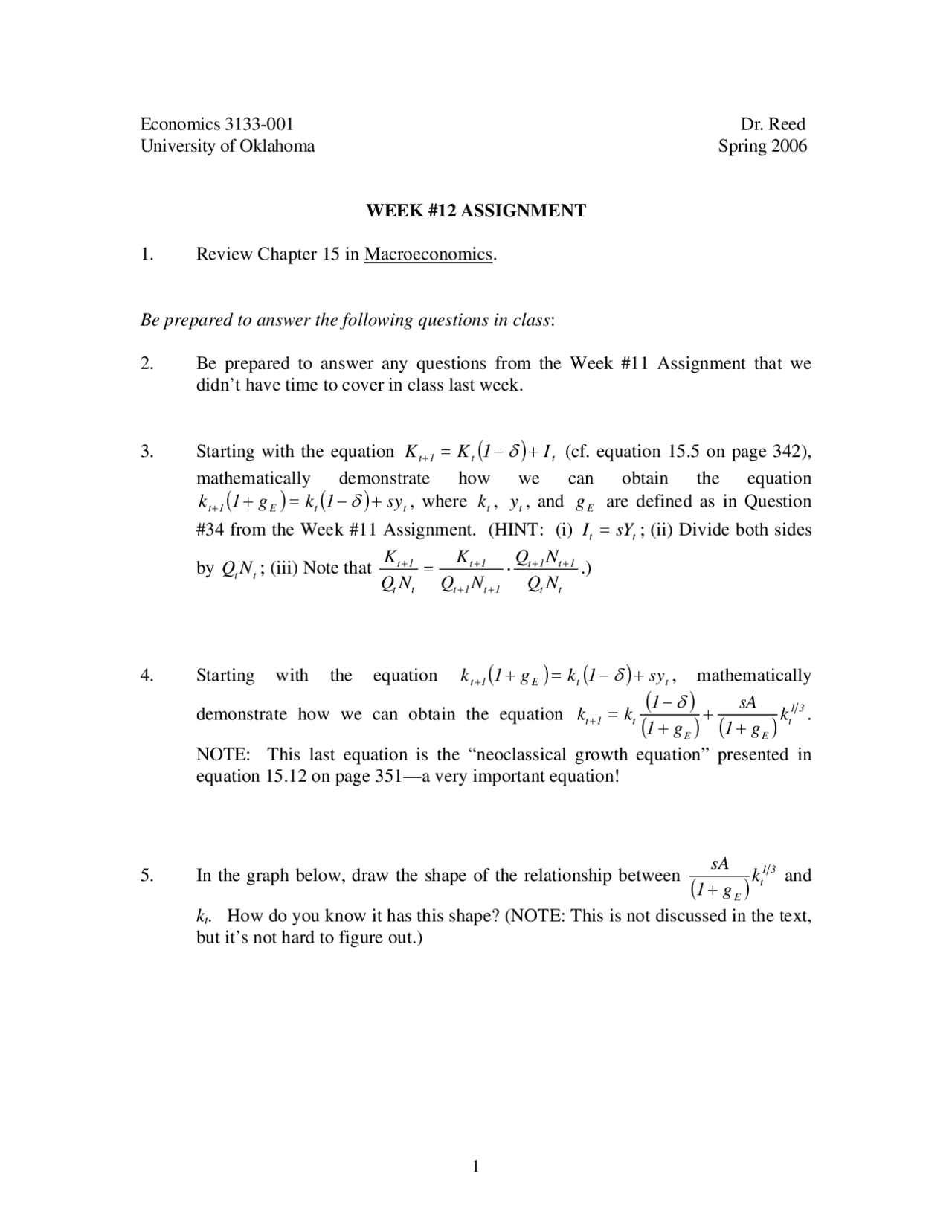 Practice Questions For Assignment 1 Intermediate Macroeconomic Theory