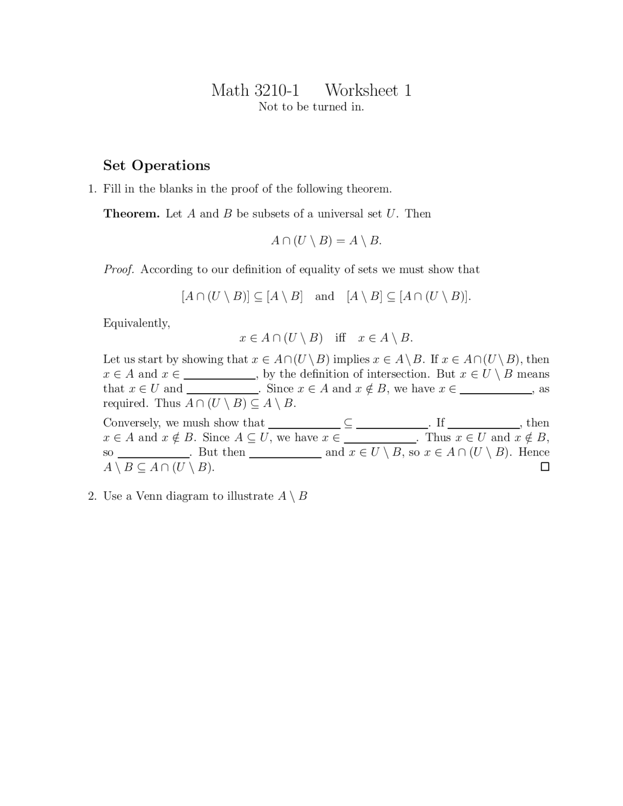 Set Operations Worksheet 1 Foundations Of Analysis I Math 3210