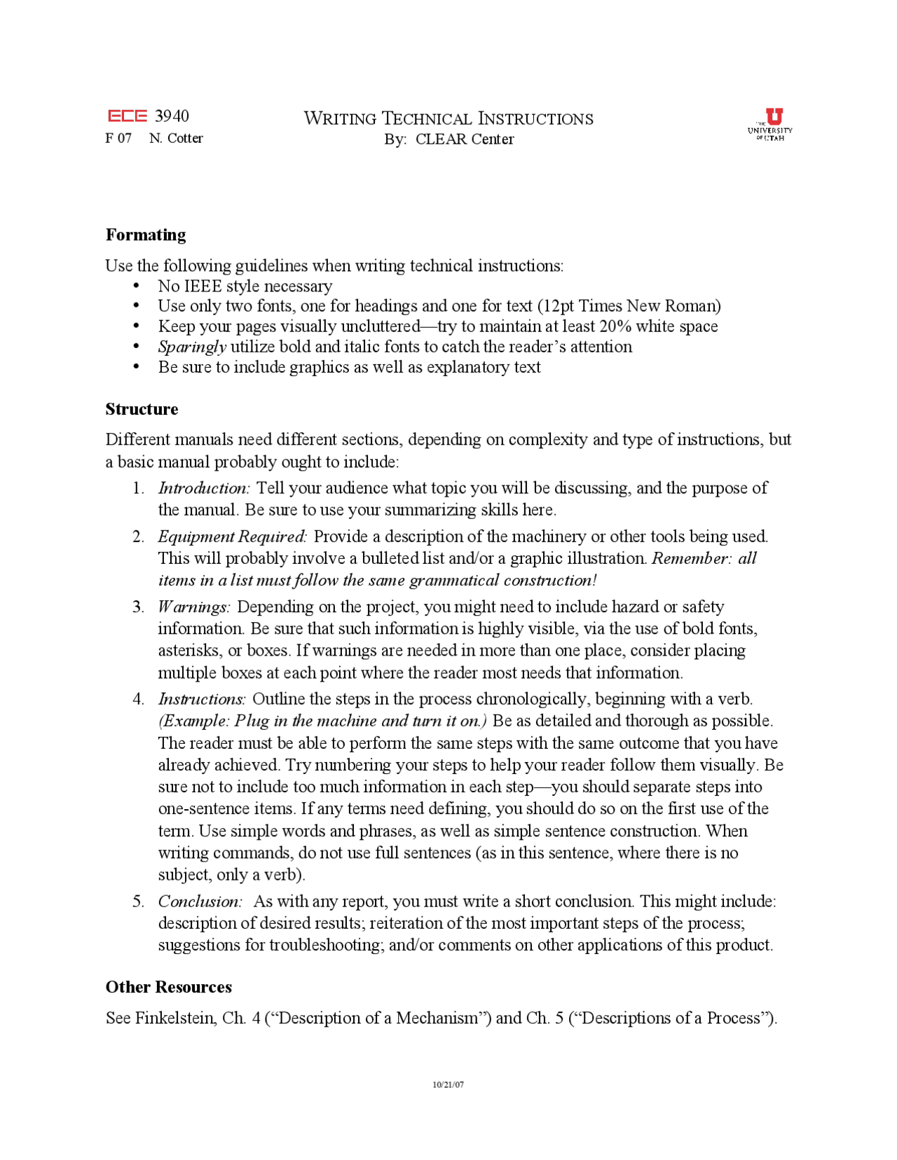 Writing Technical Instructions - Technical Communication I | ECE 3940 ...