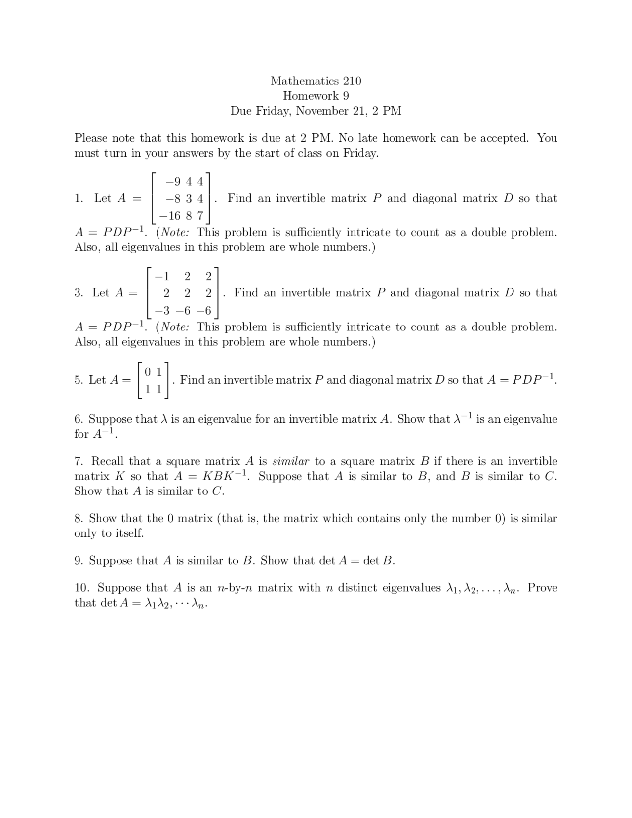 Homework 9 Questions Unsolved Linear Algebra Mt 210 Docsity