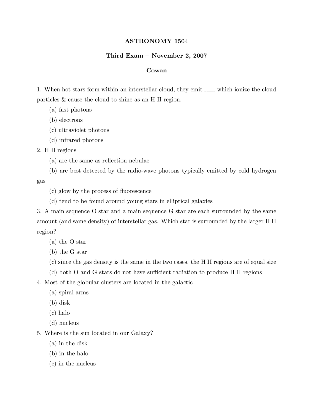 Exam With 35 Questions Astronomy Exploring The Universe Astr 1504