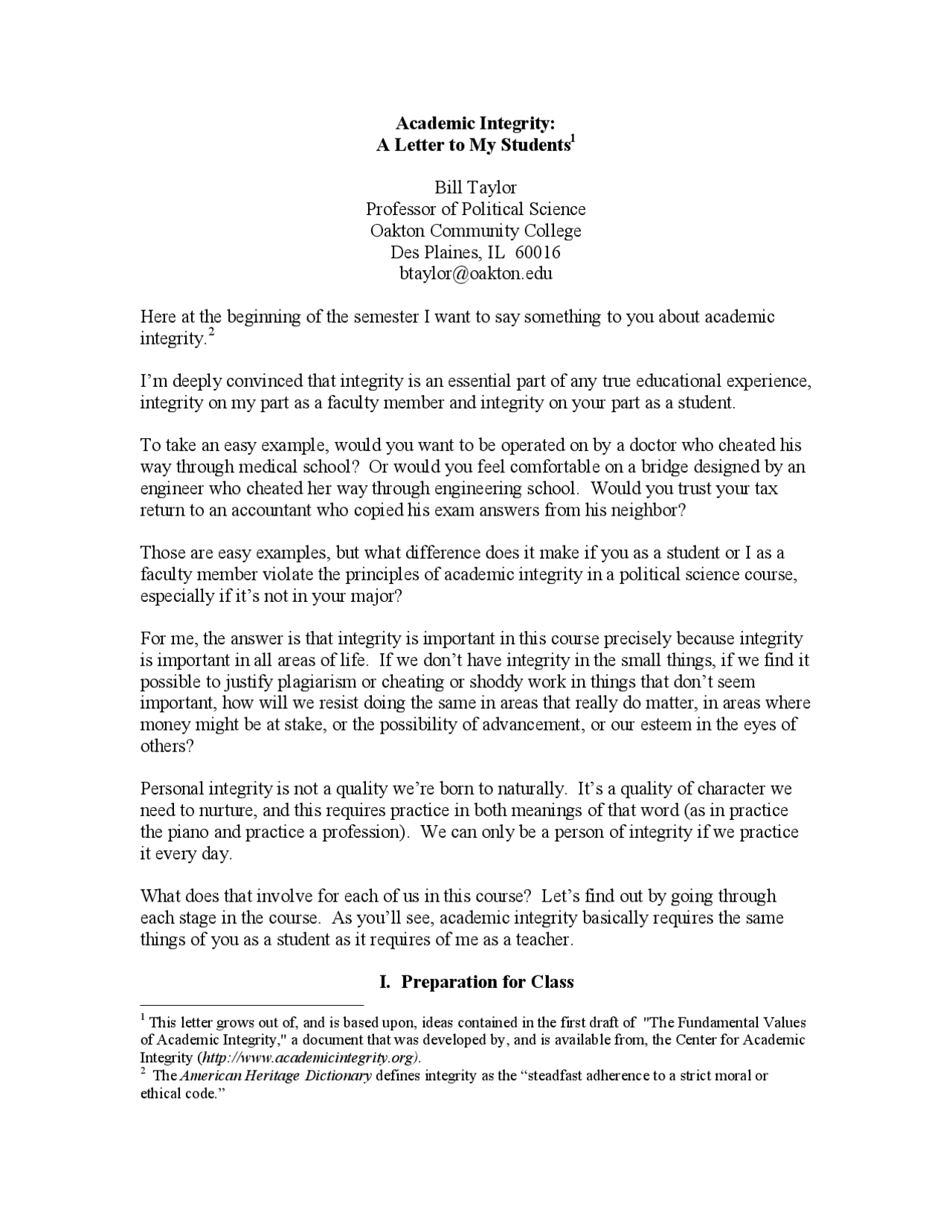 Academic Integrity: A Letter to My Students | PSC 101 - Docsity