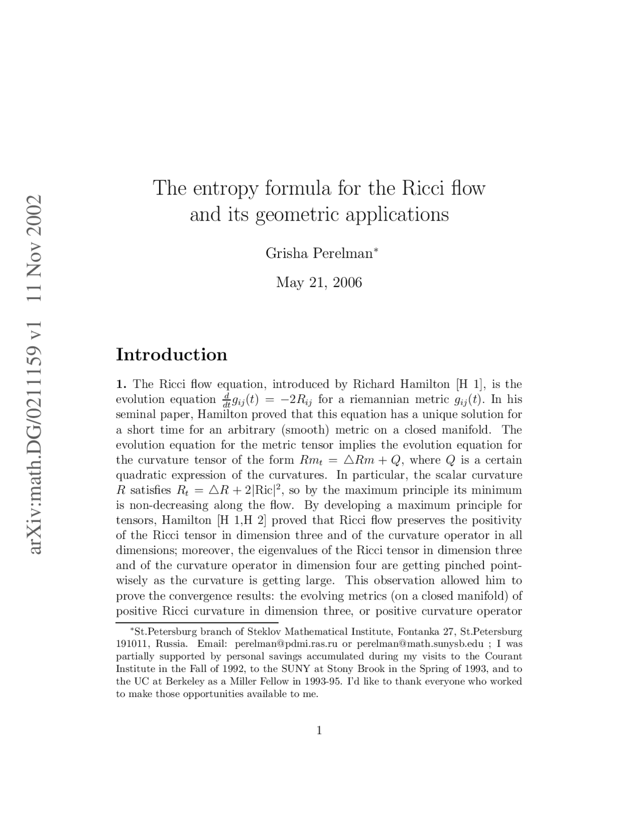 The Entropy Formula for the Ricci Flow and its Geometric Applications ...