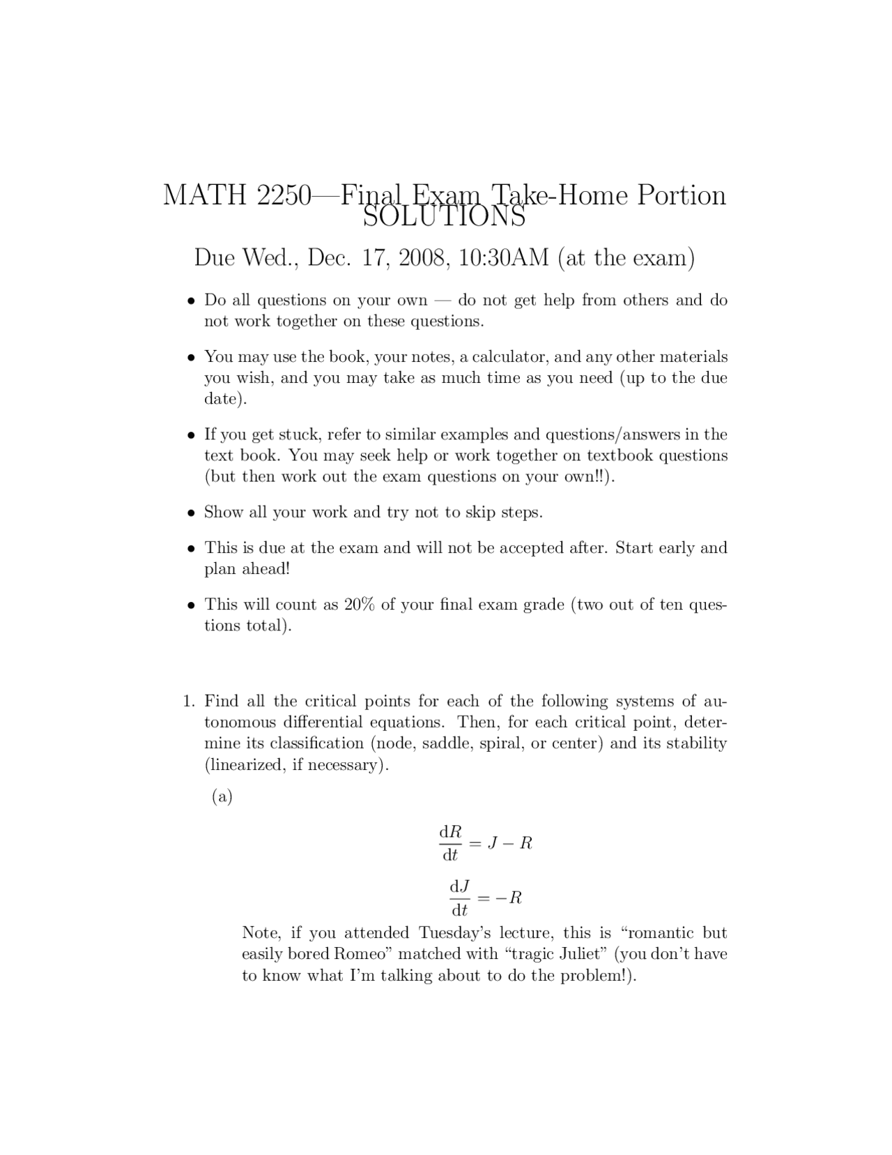 Final Exam with Solutions - Differential Equations and Linear Algebra | MATH 2250 | Exams ...