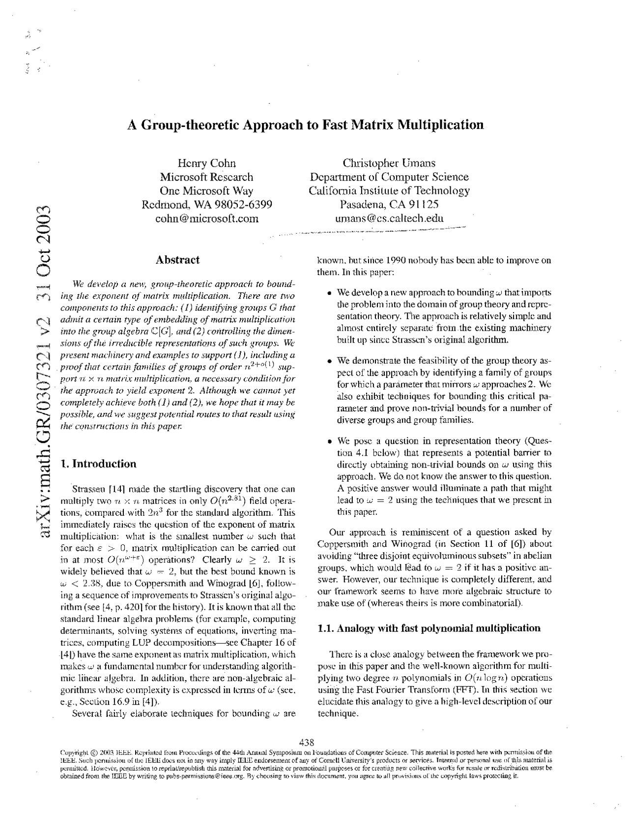 A Group Theoretic Approach To Fast Matrix Multiplication Cs 6210