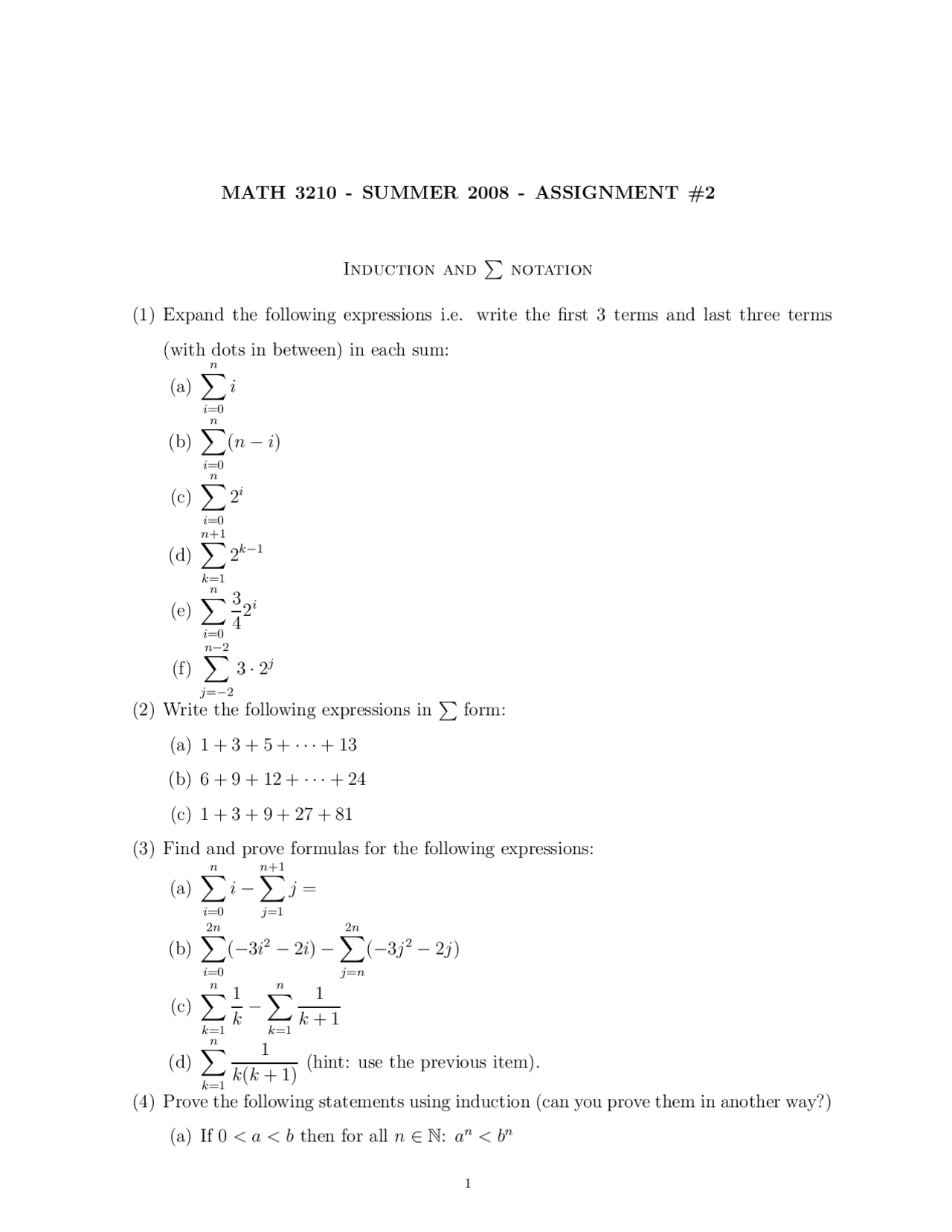 MATH 3210 Assignment: Induction and Notation | Assignments Mathematics | Docsity